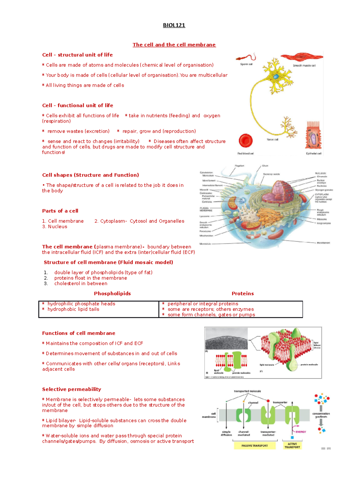 BIO notes - BIOL121 The cell and the cell membrane Cell structural unit ...
