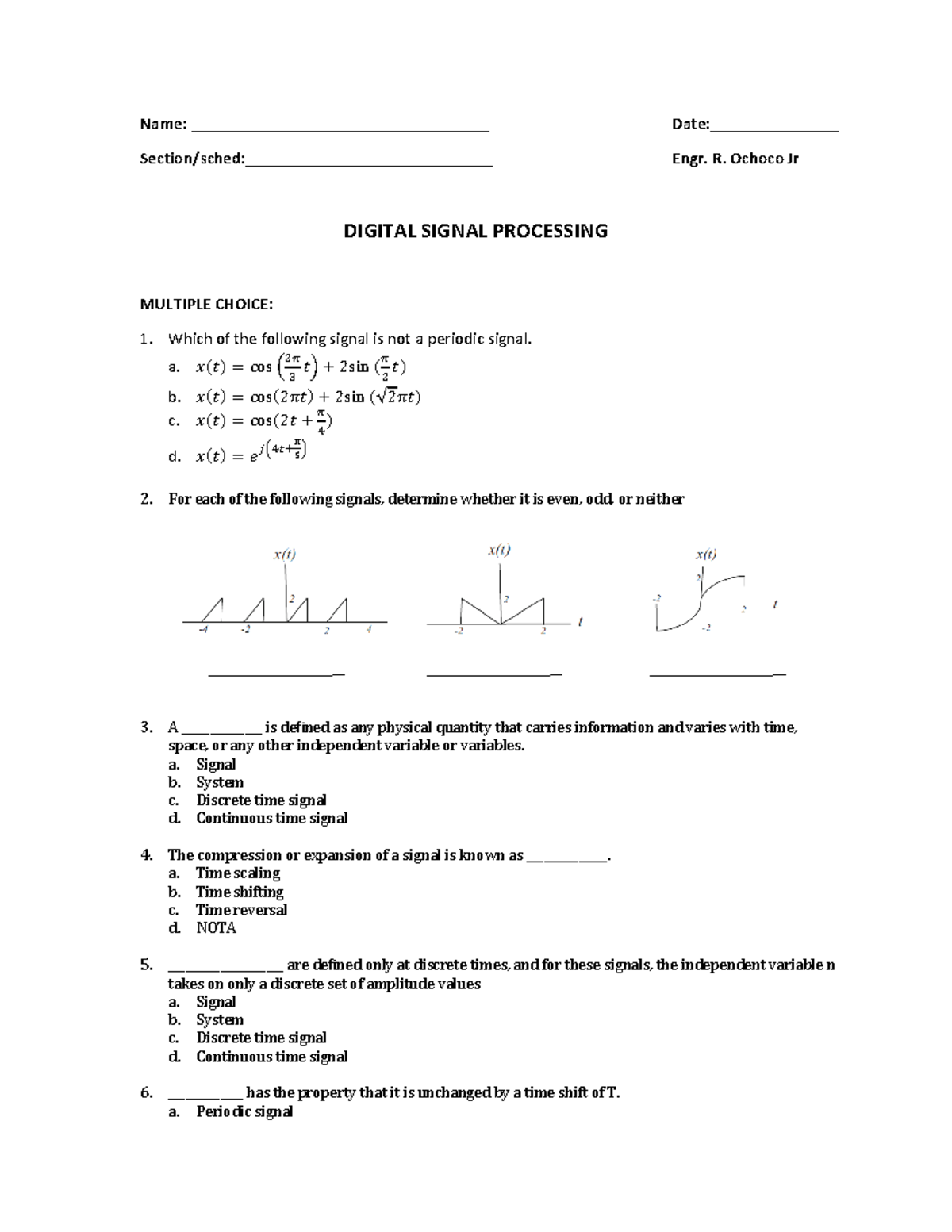 Dsp Exam Signal Processing Name Date