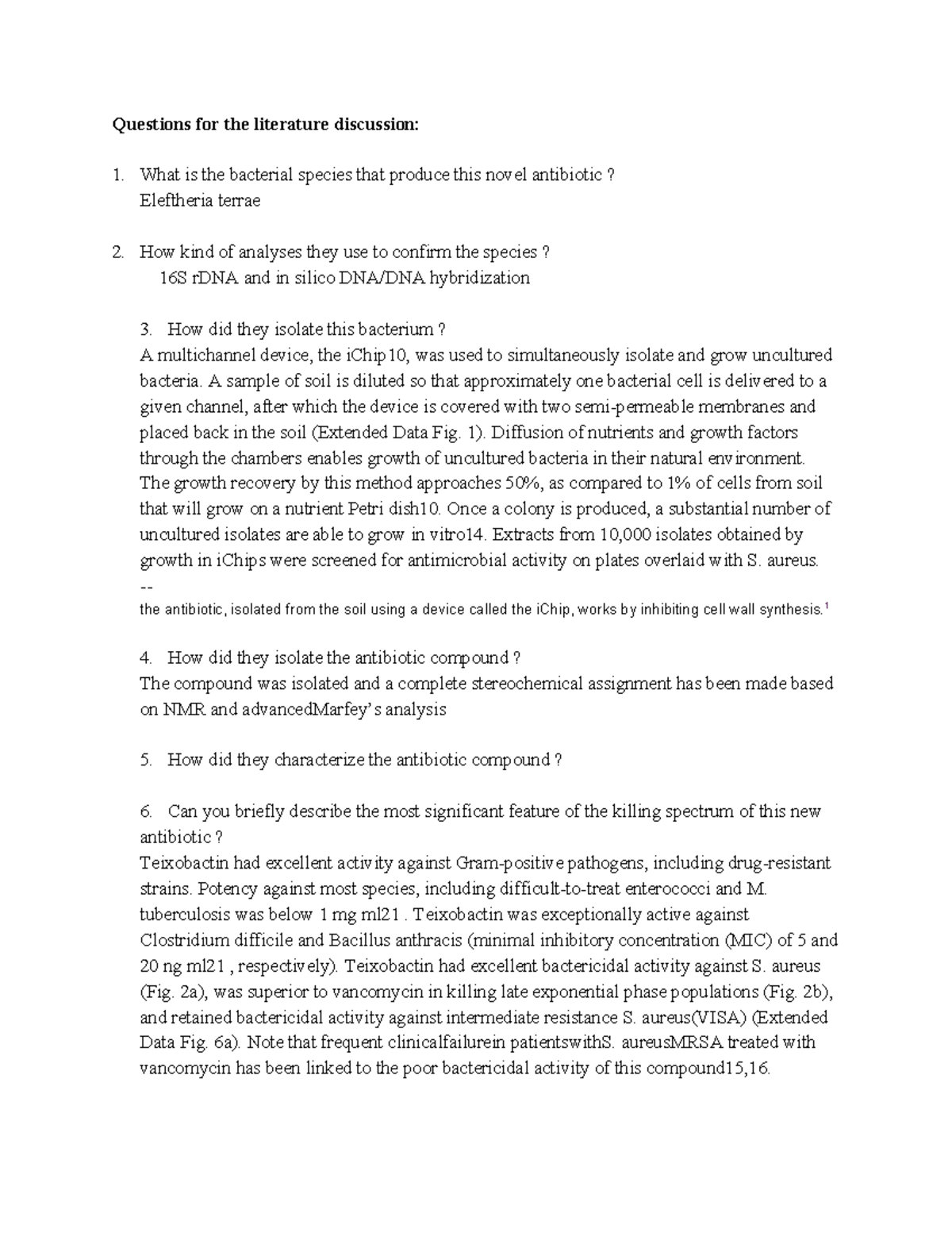 Antibiotics discussion - Questions for the literature discussion: 1 ...
