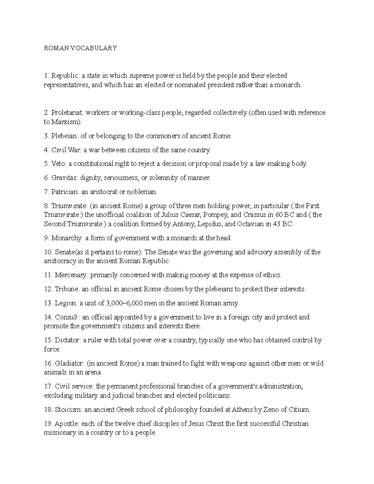Roman Vocabulary - nun - ROMAN VOCABULARY Republic: a state in which ...