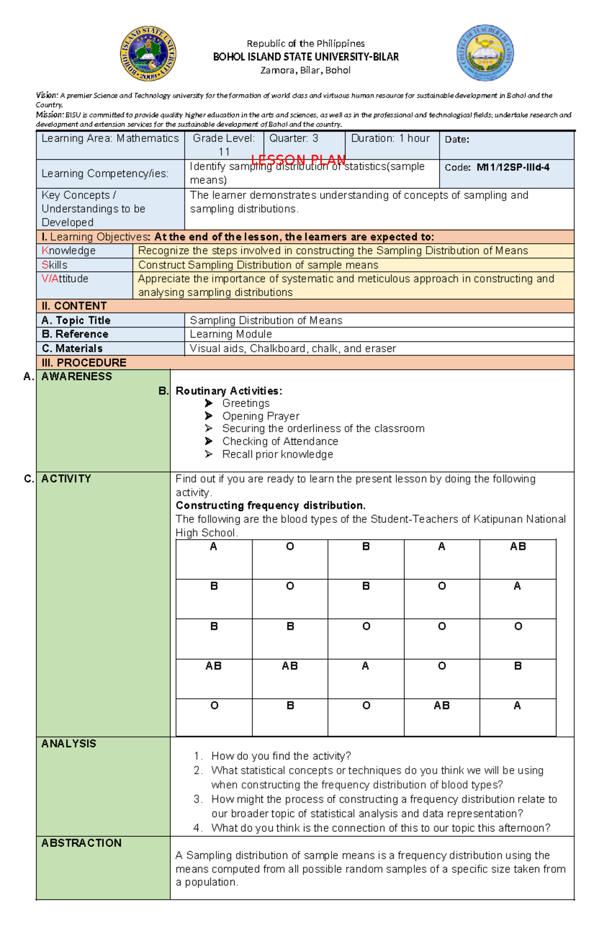 Sampling distribution of means - Republic of the Philippines BOHOL ...