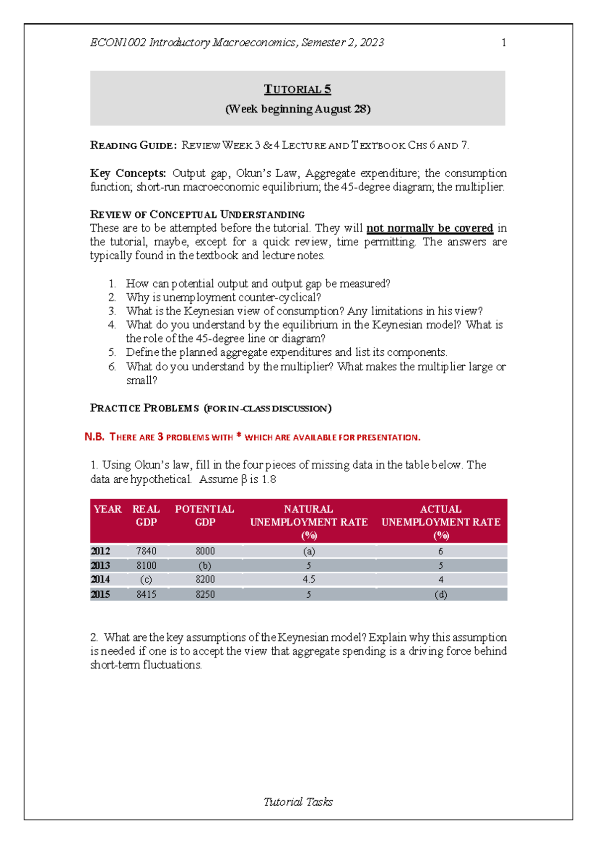 ECON1002 Introductory Macroeconomics Tutorial 5 Review and Practice Problems - Studocu
