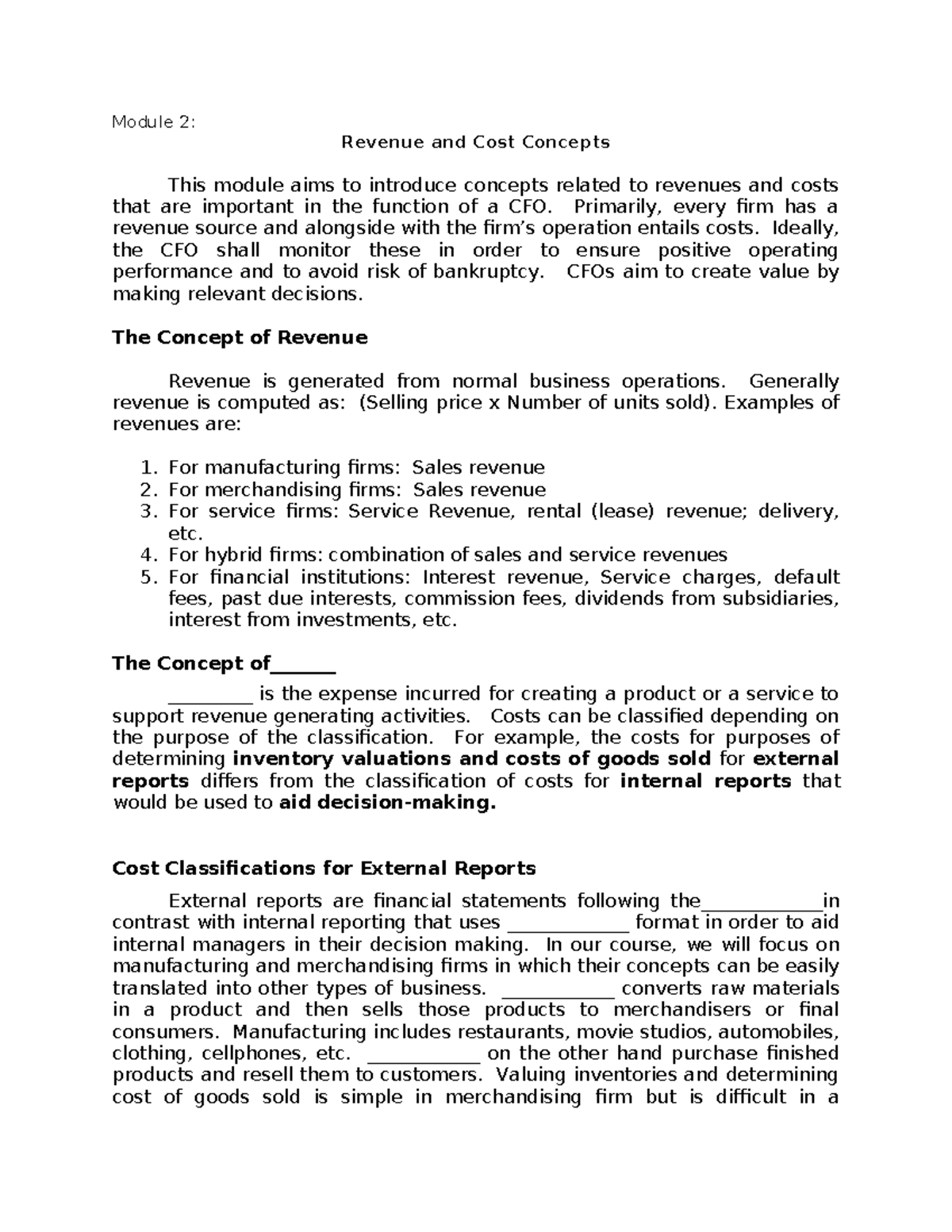 Review FC M2 - Financial Controllership - Module 2: Revenue and Cost ...
