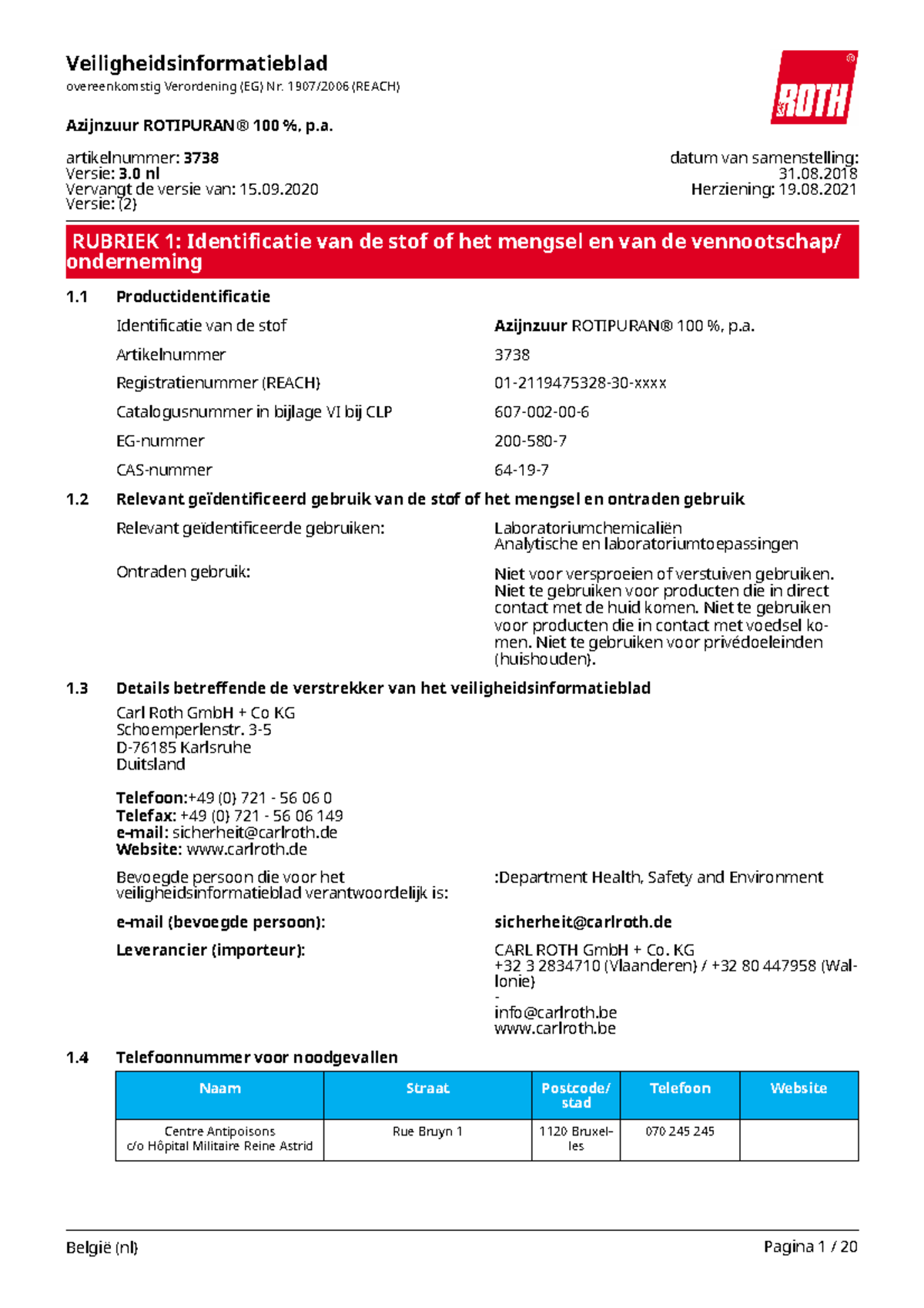 Azijnzuur MSDS - fhdh - RUBRIEK 1: Identificatie van de stof of het ...