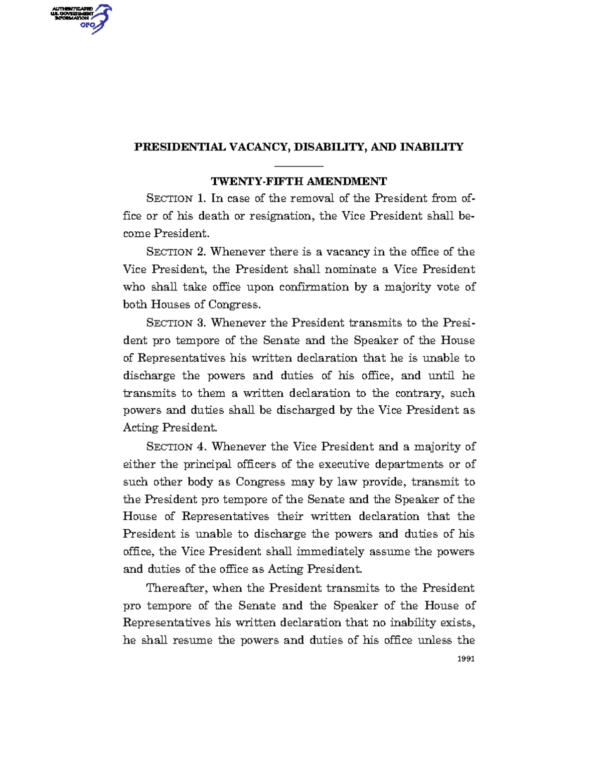 22nd Const-USA - 1991 PRESIDENTIAL VACANCY, DISABILITY, AND INABILITY ...