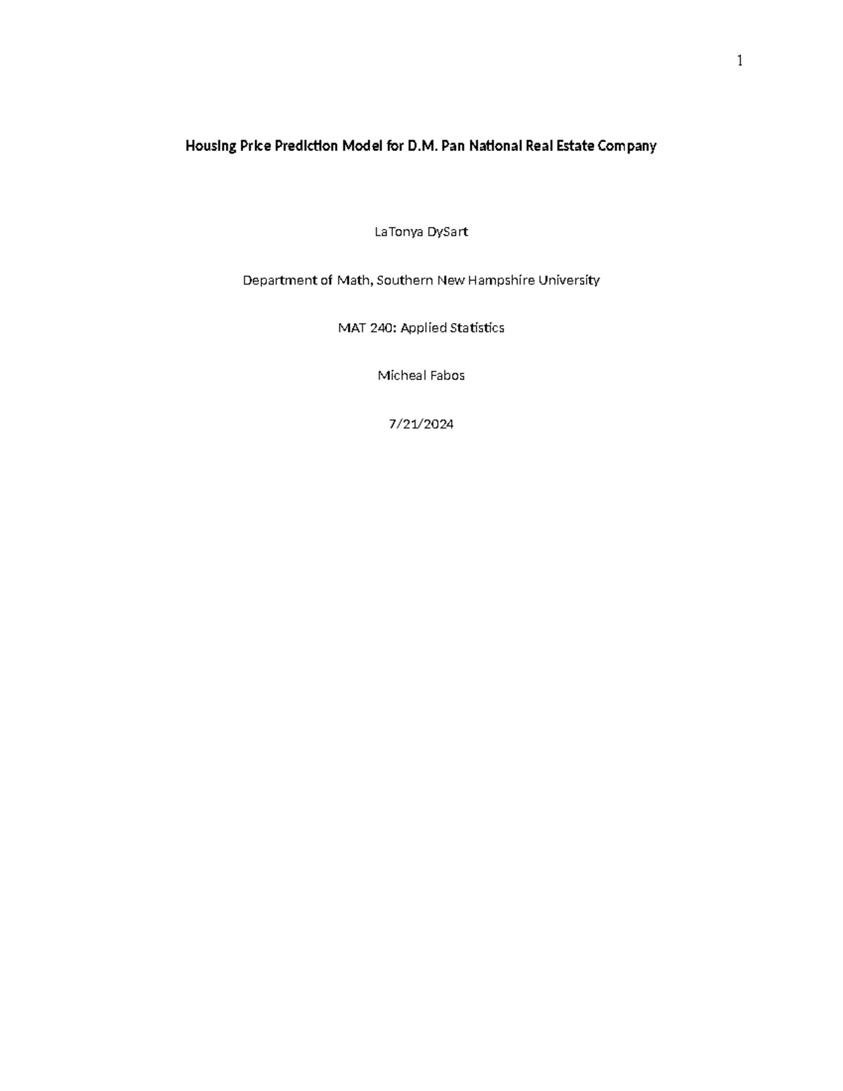 Mat 240 Module Three Assignment Housing Price Prediction Model For D