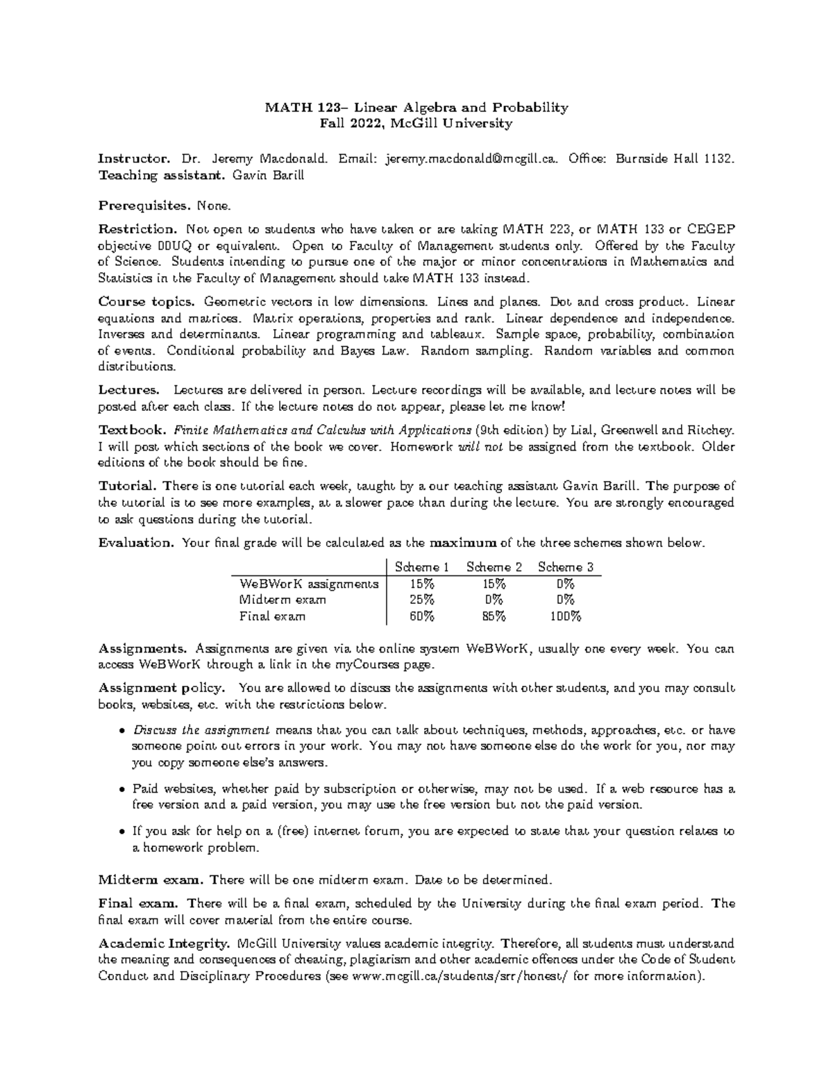 Syllabus - MATH 123– Linear Algebra and Probability Fall 2022, McGill ...
