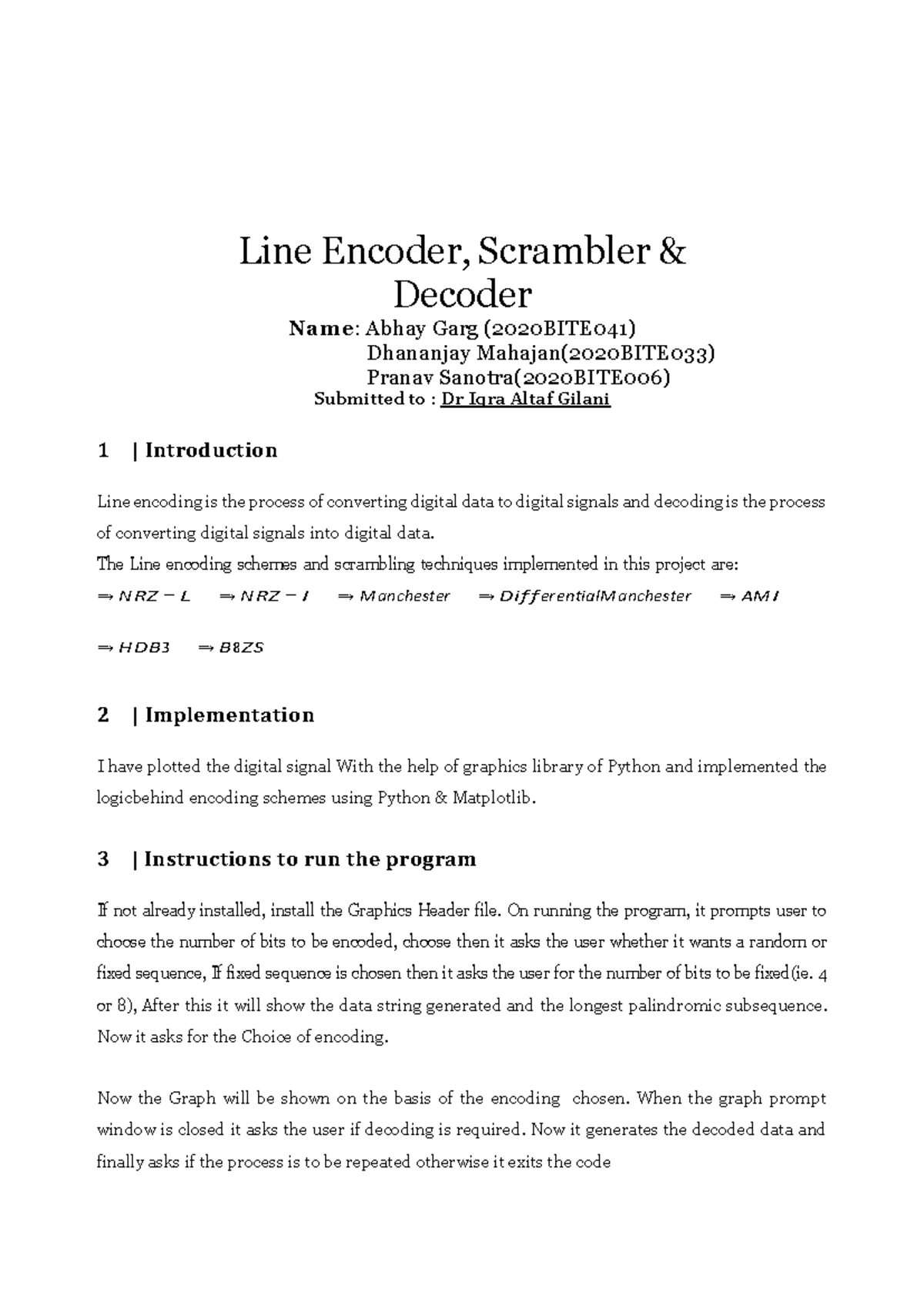 DC Project Report - Line Encoder, Scrambler & Decoder Name: Abhay Garg ...
