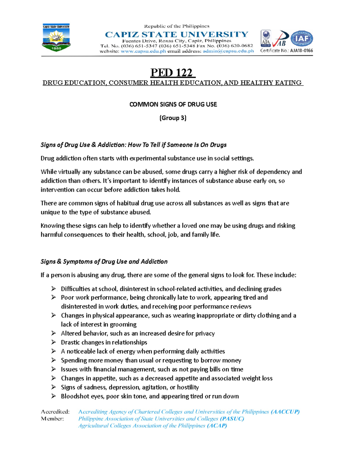 PED 122 - Common Signs OF DRUG USE ( Group 3)final - PED 122 DRUG ...