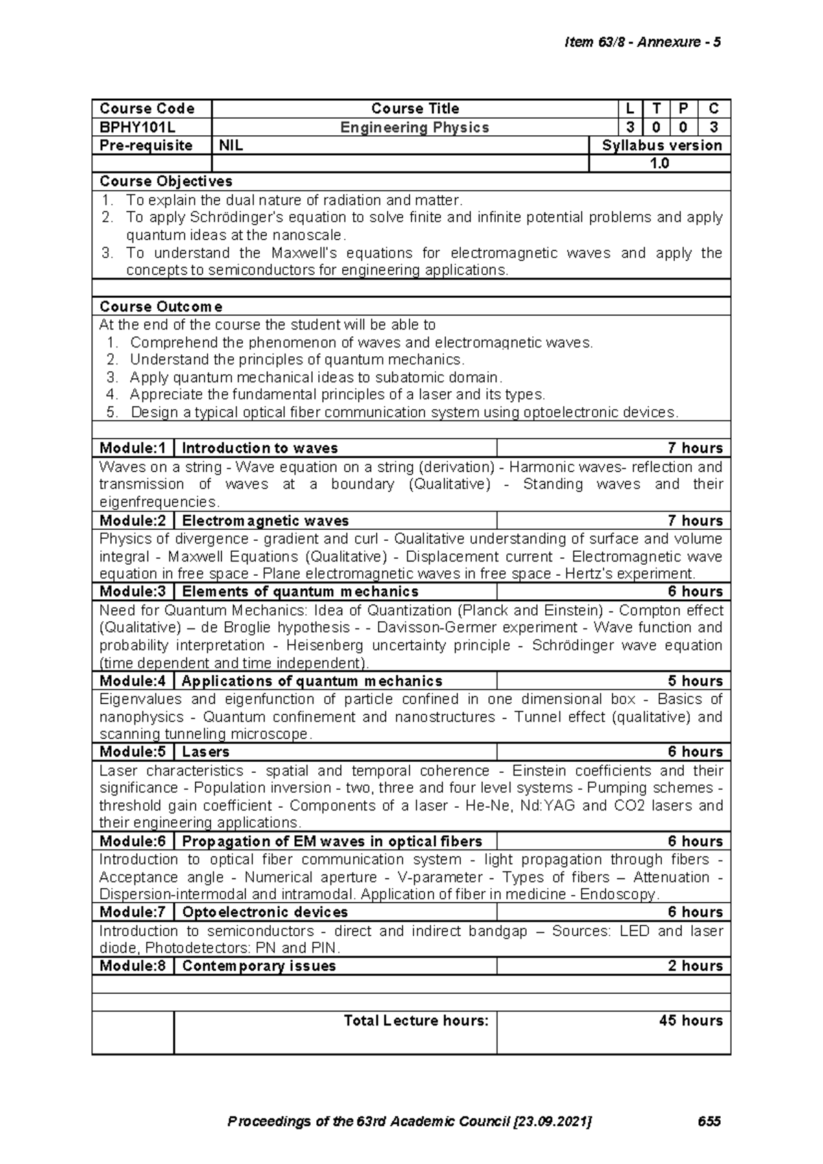 Btech Physics BPHY101L Syllabus 2023 - Course Code Course Title L T P C BPHY101L Engineering ...