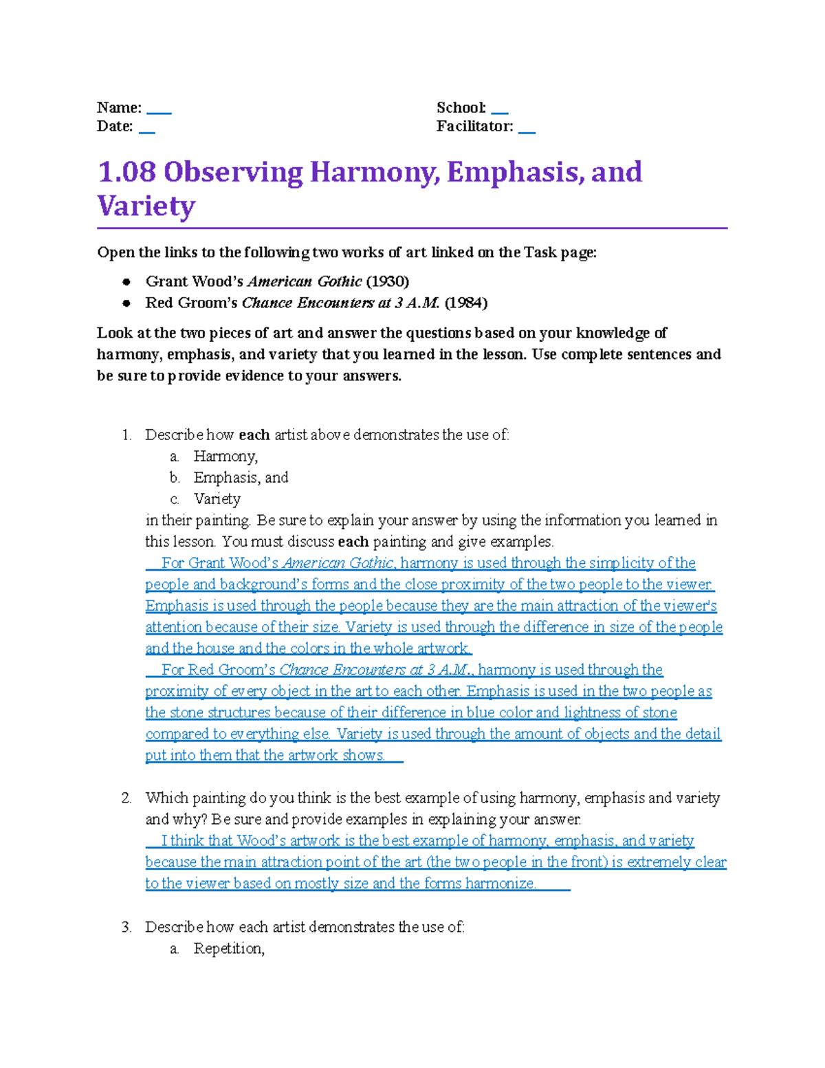 01-08 task1 Art - Name: Date: School: Facilitator: 1 Observing Harmony ...