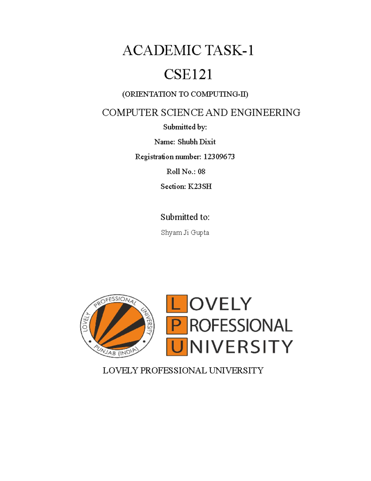 K23SH 08 - ACADEMIC TASK- CSE (ORIENTATION TO COMPUTING-II) COMPUTER SCIENCE AND ENGINEERING ...
