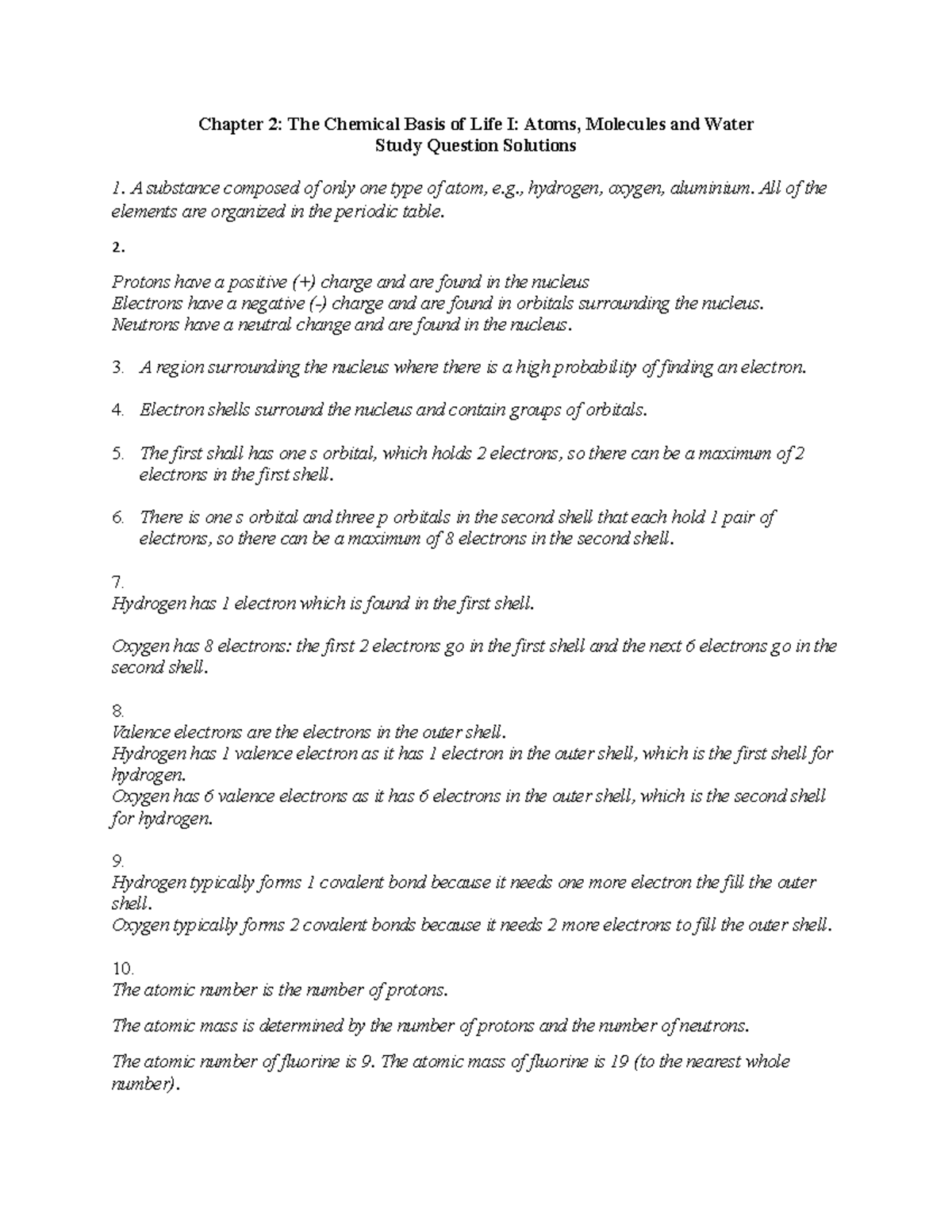 Chapter 2- The Chemical Basis of Life I- Study Question Solutions ...