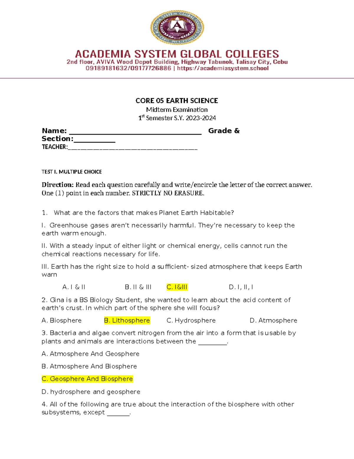 TQ Midterm CORE05 ( Earth Science) - CORE 05 EARTH SCIENCE Midterm ...