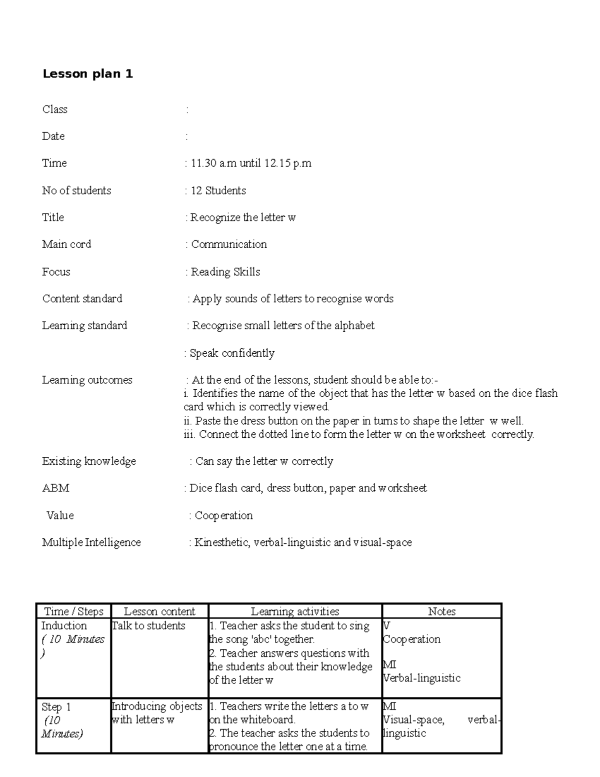 Lesson plan - Identifies the name of the object that has the letter w ...