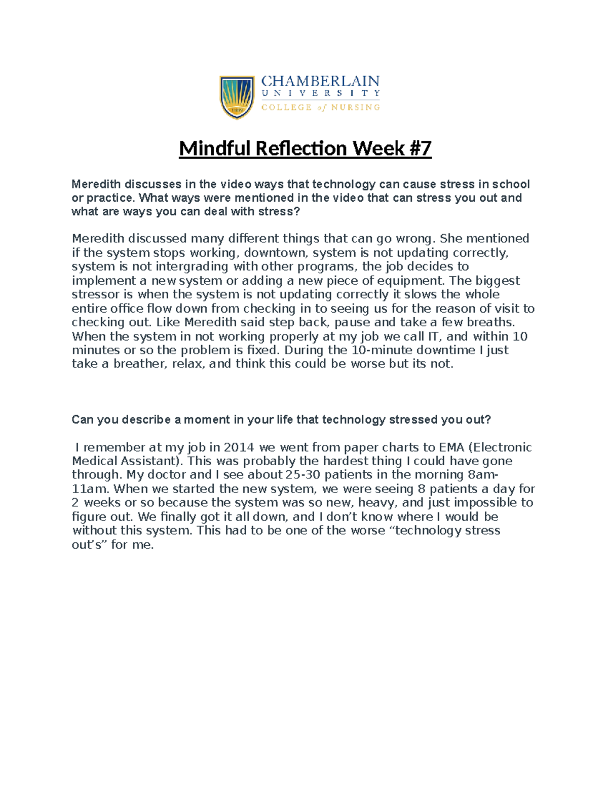 Mindful Reflection Week 7 - Mindful Reflection Week Meredith discusses in the video ways that ...