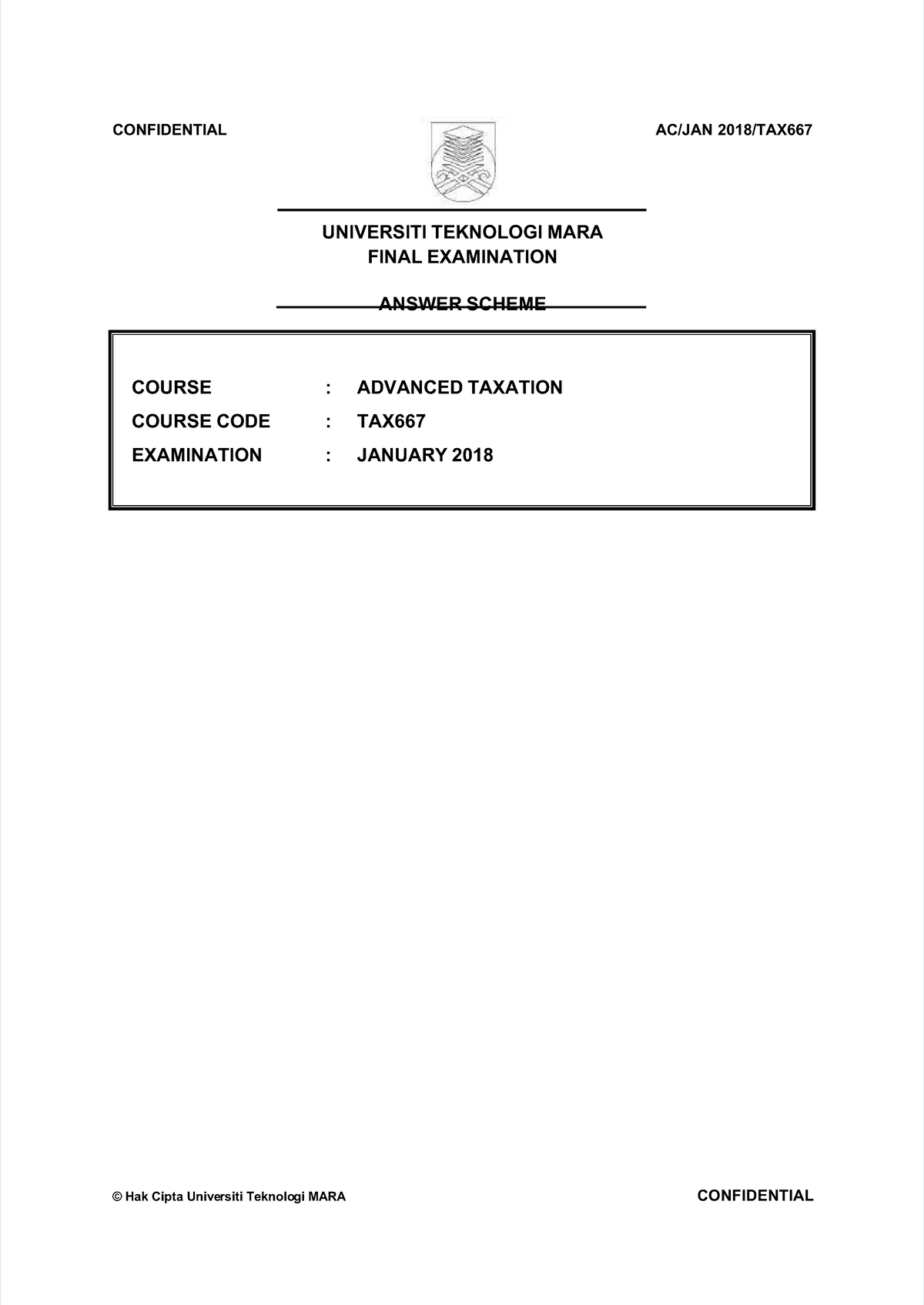 Answer scheme TAX667 Jan 2021 Advance Taxation University Teknologi ...