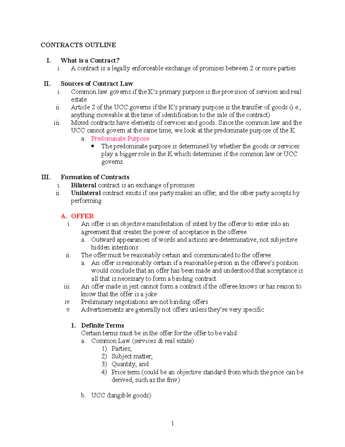 Contracts Outline - CONTRACTS OUTLINE I. What is a Contract? i. A ...