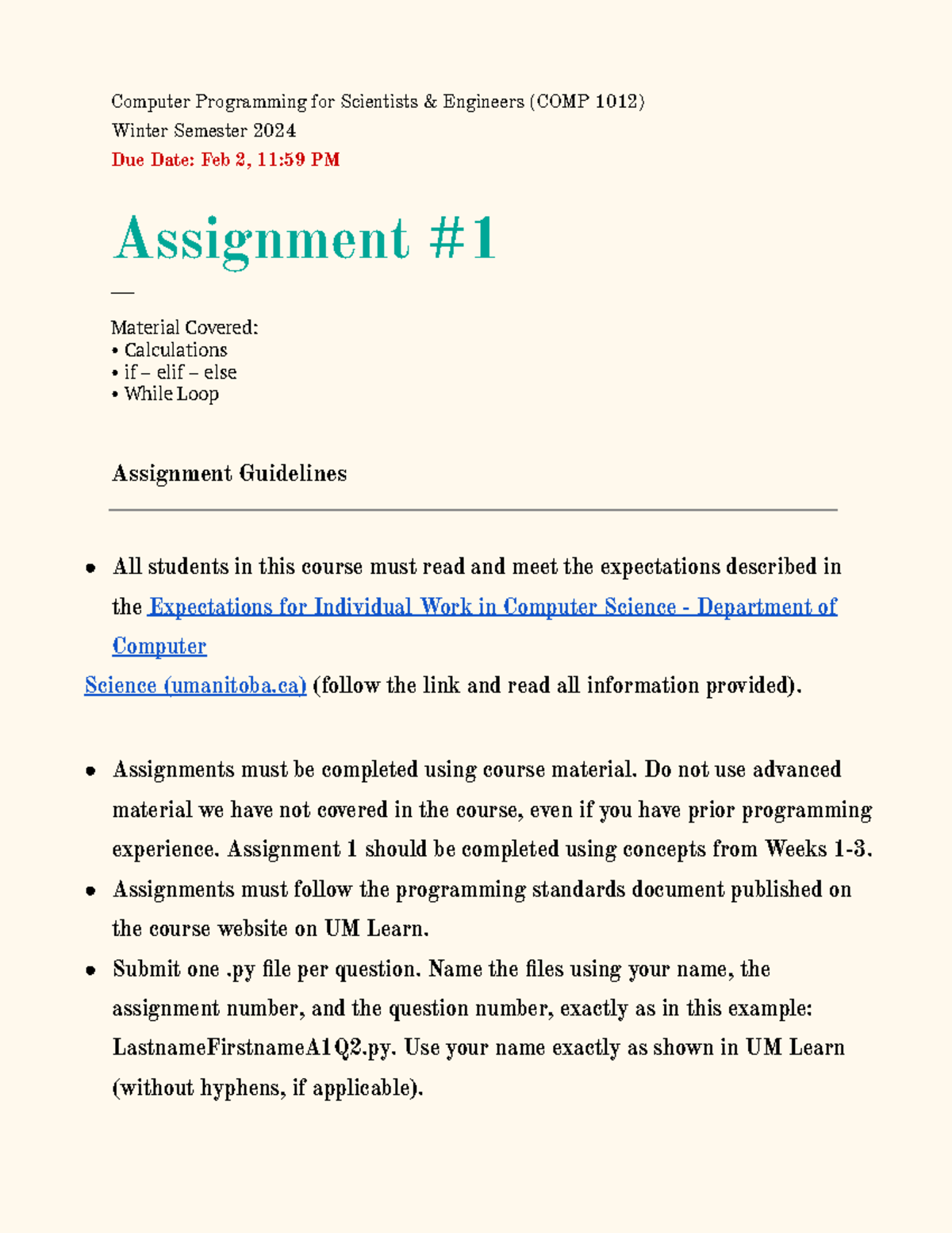 COMP 1012 - Assignment 1 - Computer Programming for Scientists & Engineers (COMP 1012) Winter ...