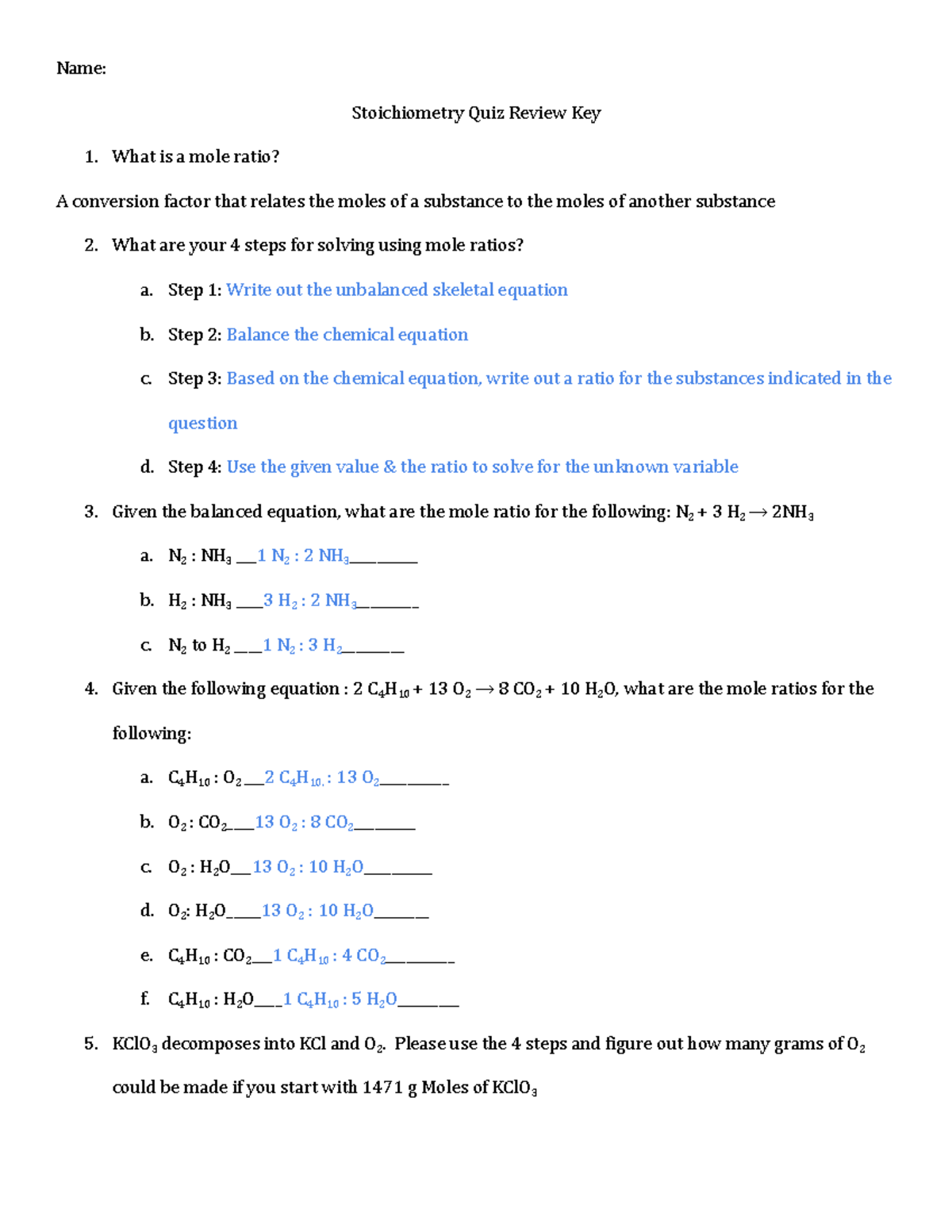 Stoichiometry Quiz Review Key - Name: Stoichiometry Quiz Review Key ...
