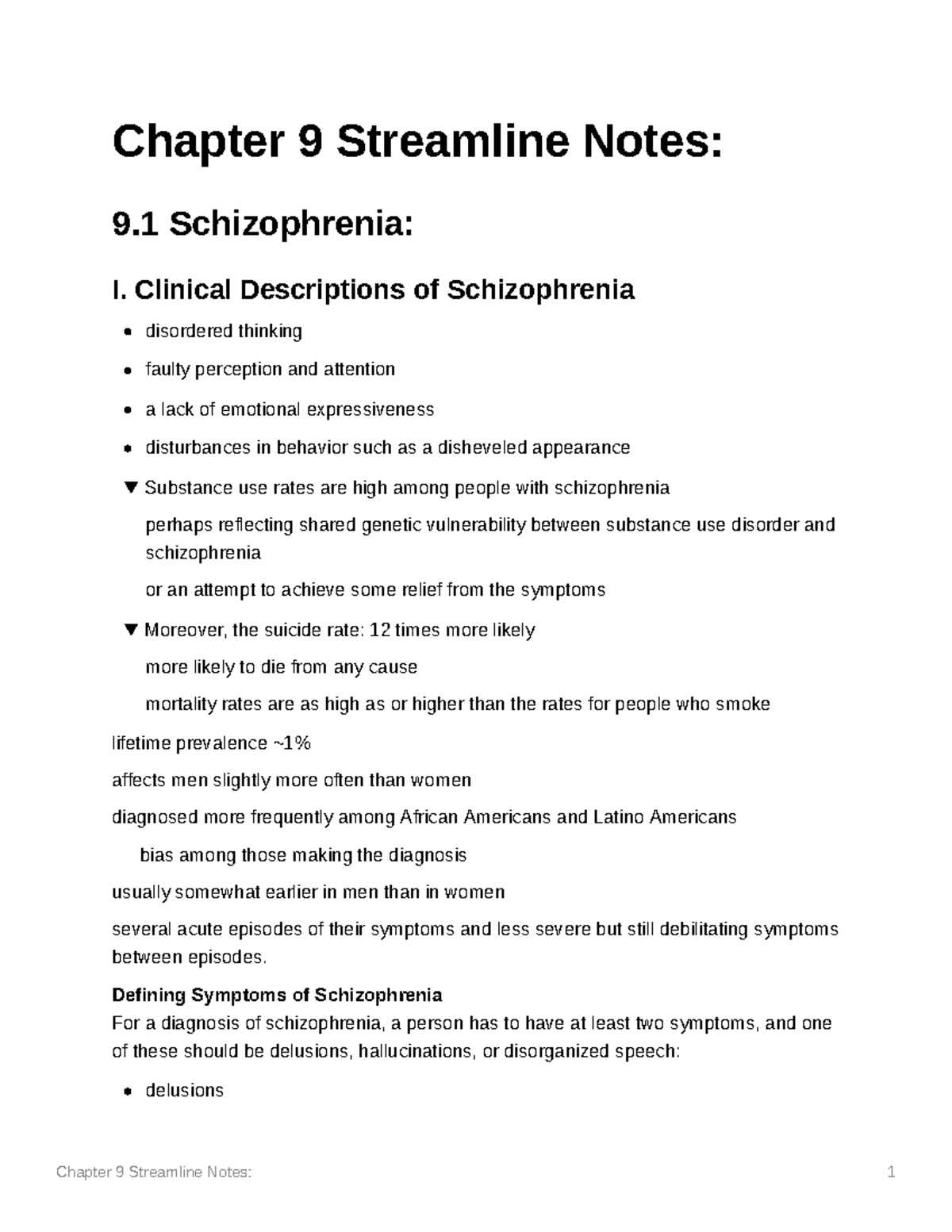 Chapter 9 Notes - Chapter 9 Streamline Notes: 9 Schizophrenia: I ...