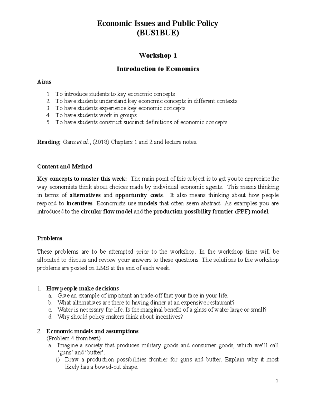 Week 1 workshop questions for Economics - Economic Issues and Public ...