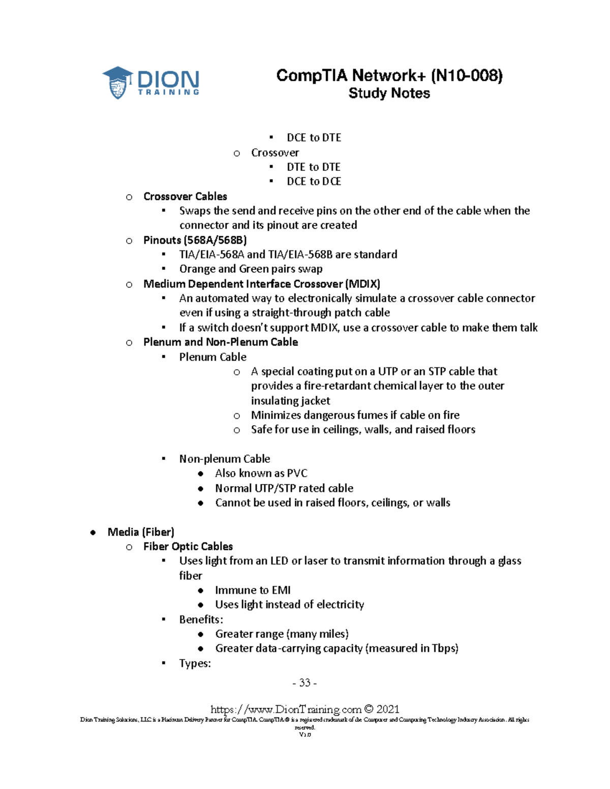 Networks+ Study Sheet for 008 - 33 - DionTraining © 2021 Dion Training ...