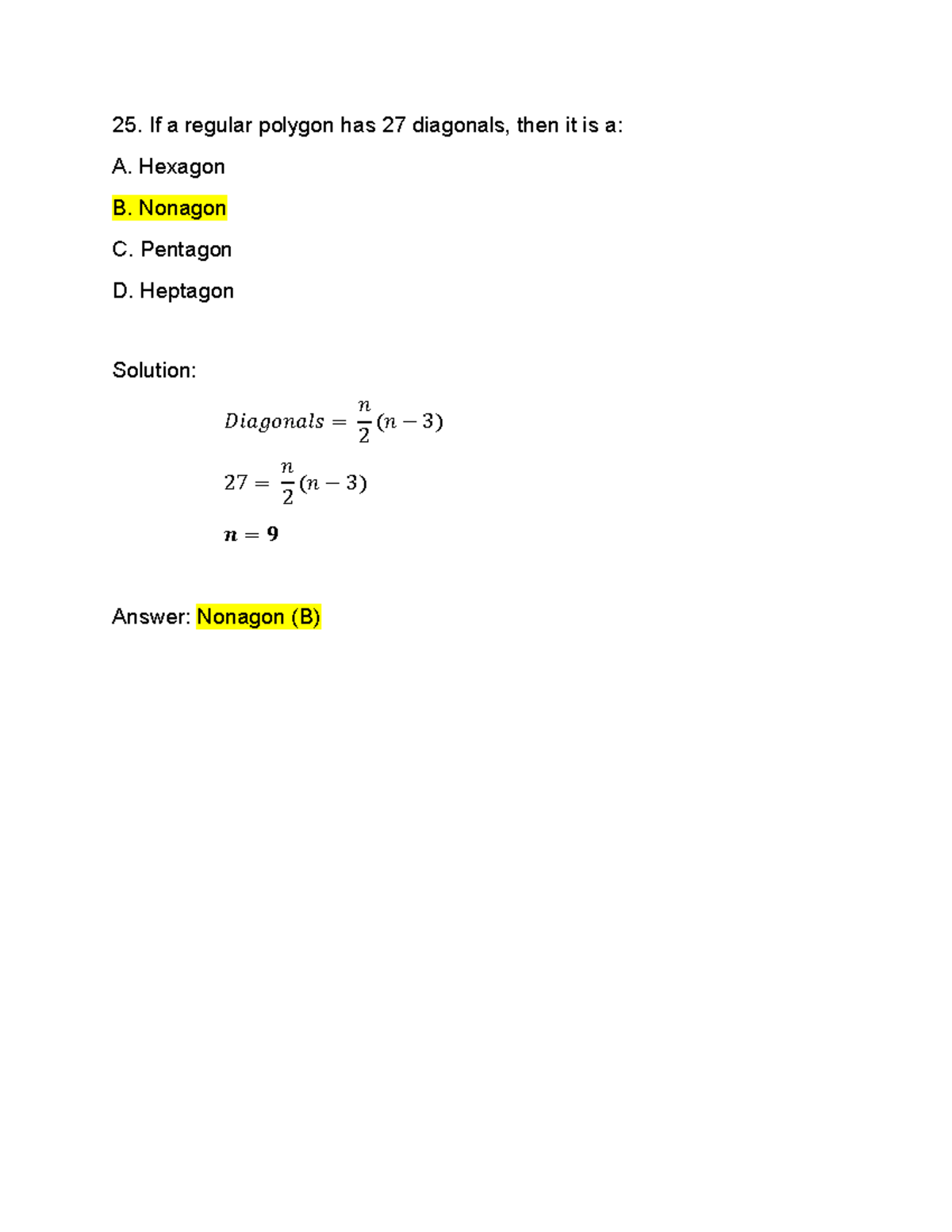 25 W7 - N/A - REE Formulas - If a regular polygon has 27 diagonals ...