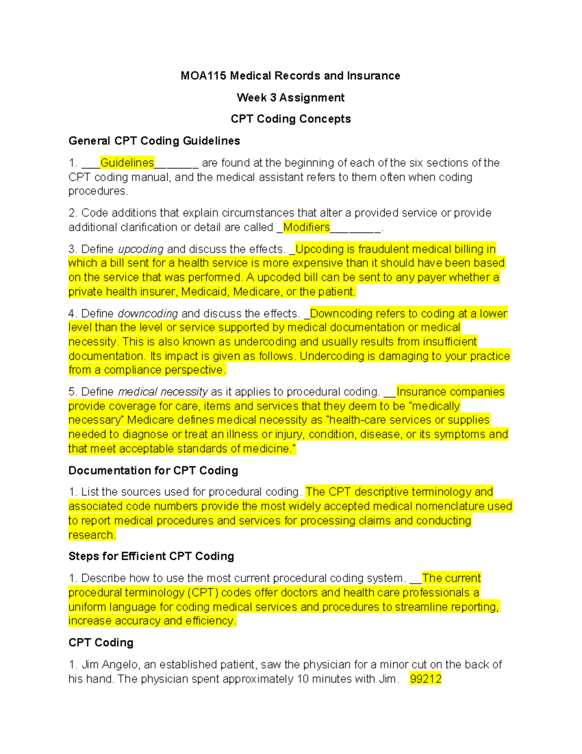 MOA115 Week 3 Assignment - MOA115 Medical Records and Insurance Week 3 Assignment CPT Coding ...