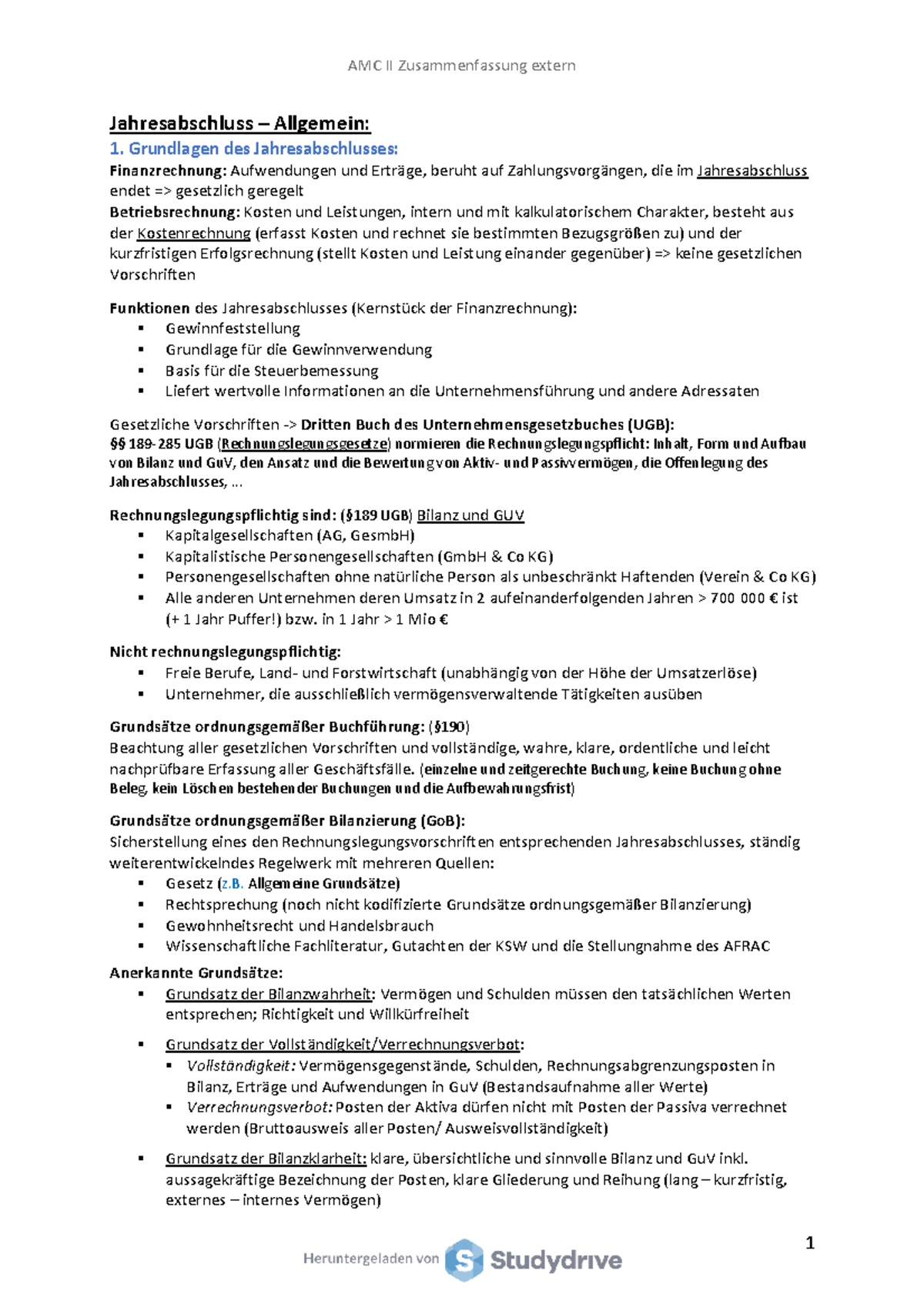 Zusammenfassung - Grundlagen des Jahresabschlusses: Finanzrechnung ...