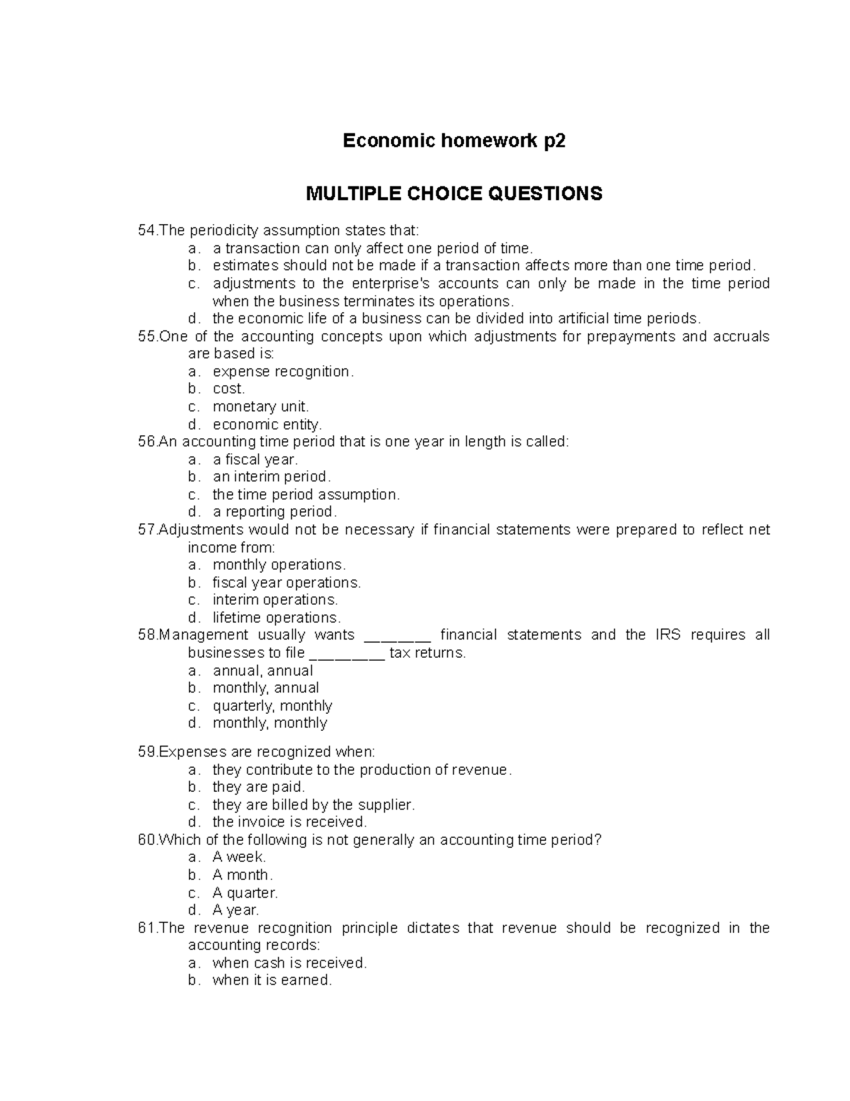 Economic homework p2 - Economic homework p MULTIPLE CHOICE QUESTIONS 54 ...
