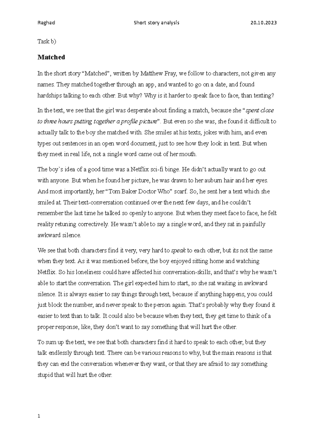 Short story analysis - Engelsk - Raghad Short story analysis 20. Task b ...