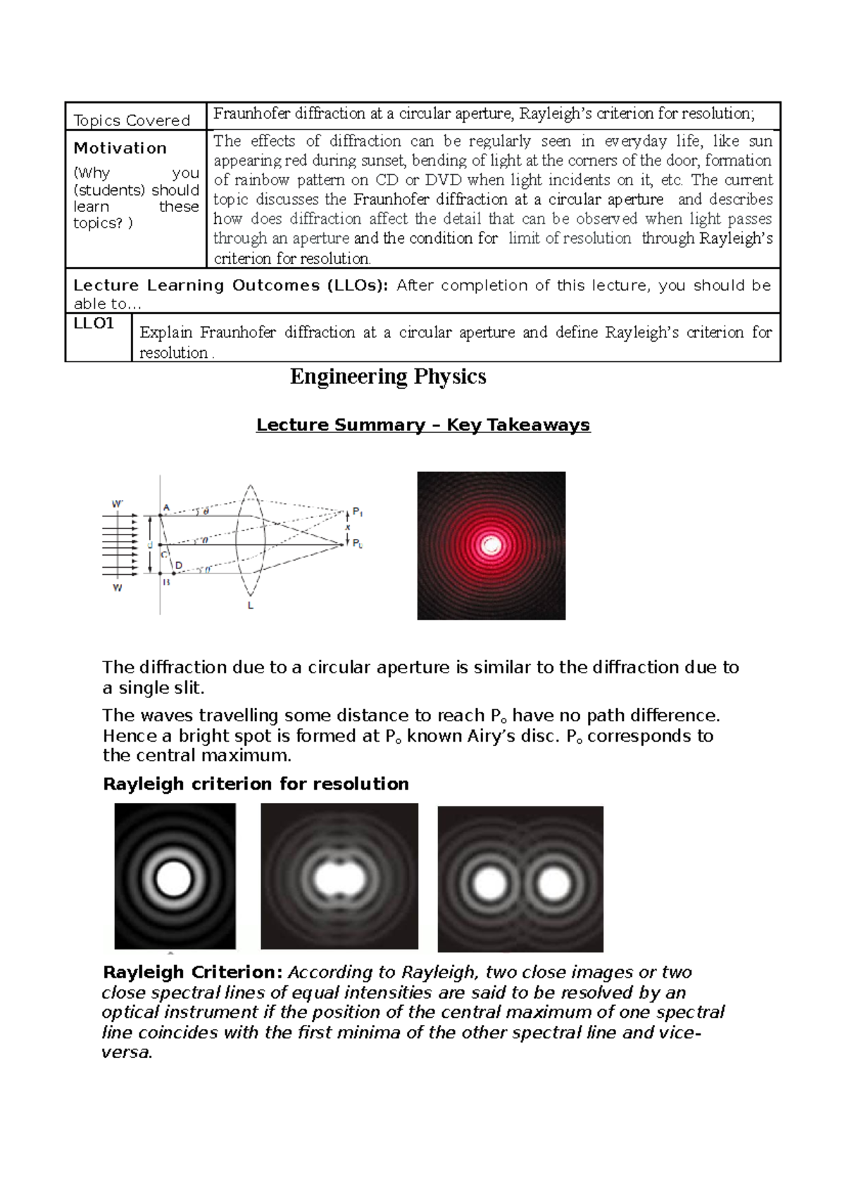 Rayleigh’s criterion - The current topic discusses the Fraunhofer diffraction at a circular ...