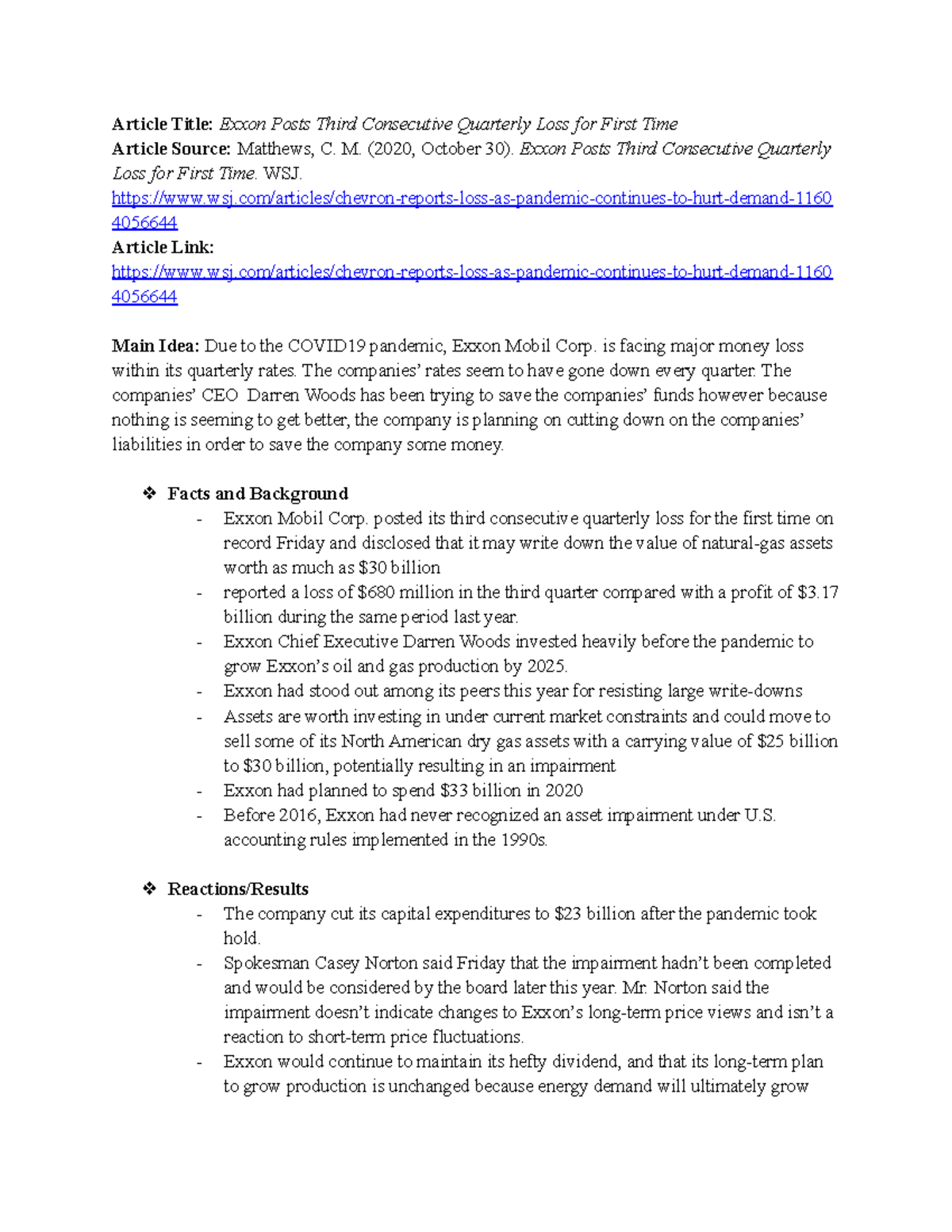 WSJ Article - Business Foundations-2 - Article Title: Exxon Posts Third ...
