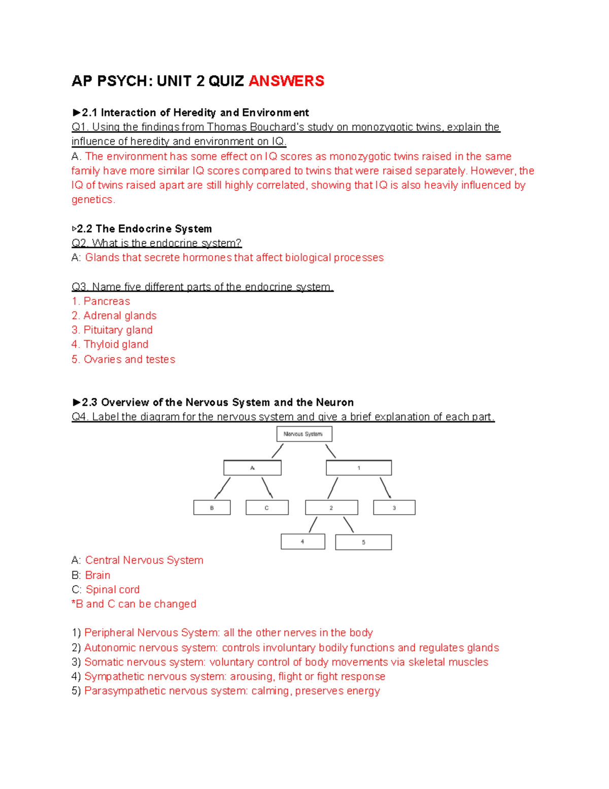 Unit 2- Quiz and answers - AP PSYCH: UNIT 2 QUIZ ANSWERS 2 Interaction of Heredity and ...