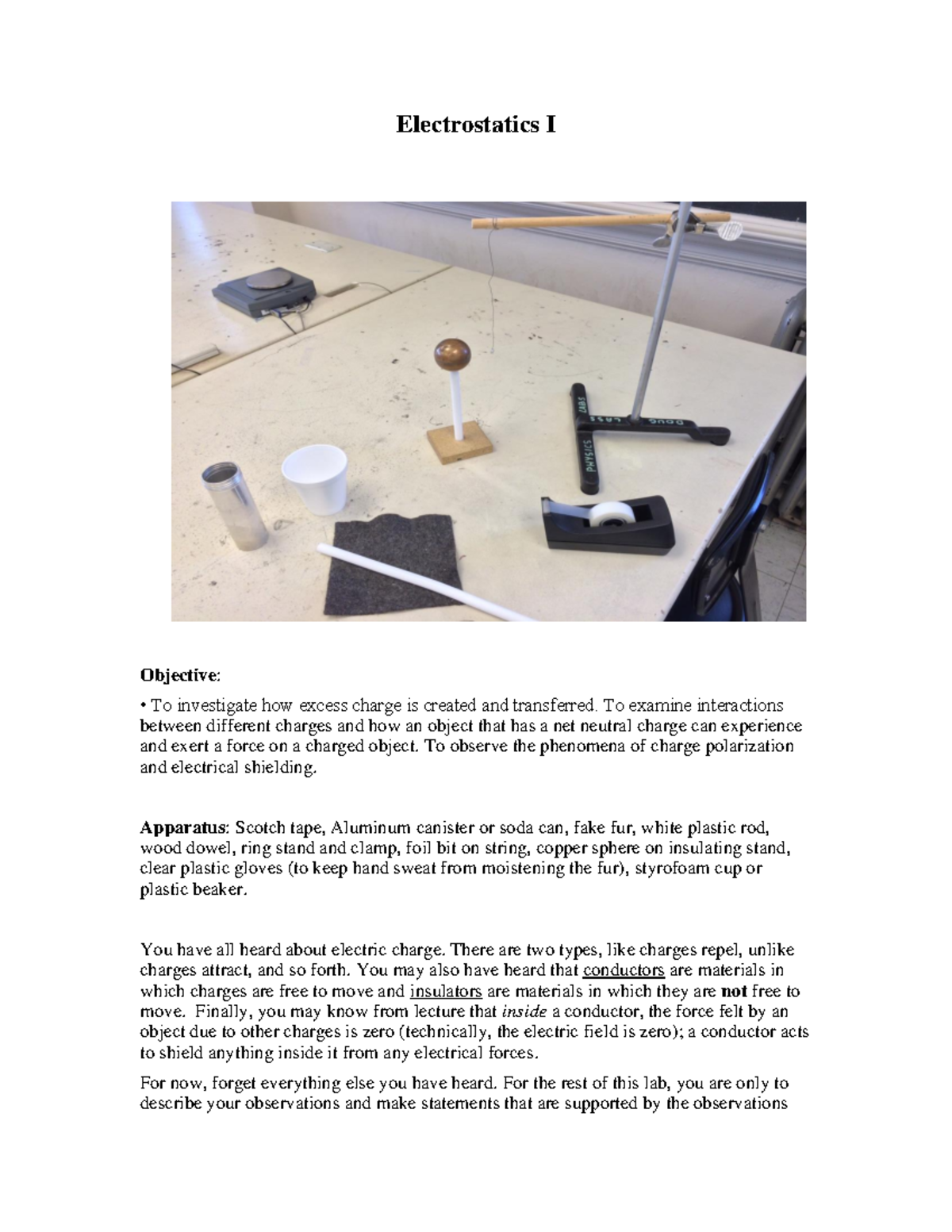 Electrostatics I (Draft) - Electrostatics I Objective: To investigate ...