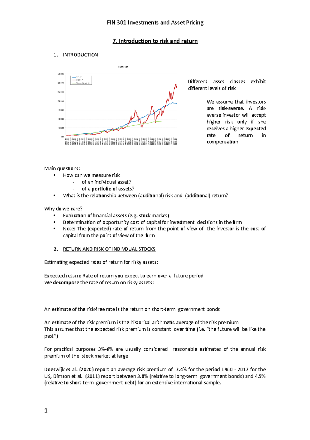 Chapter 7 - 7. Introduction to risk and return 1. INTRODUCTION ...