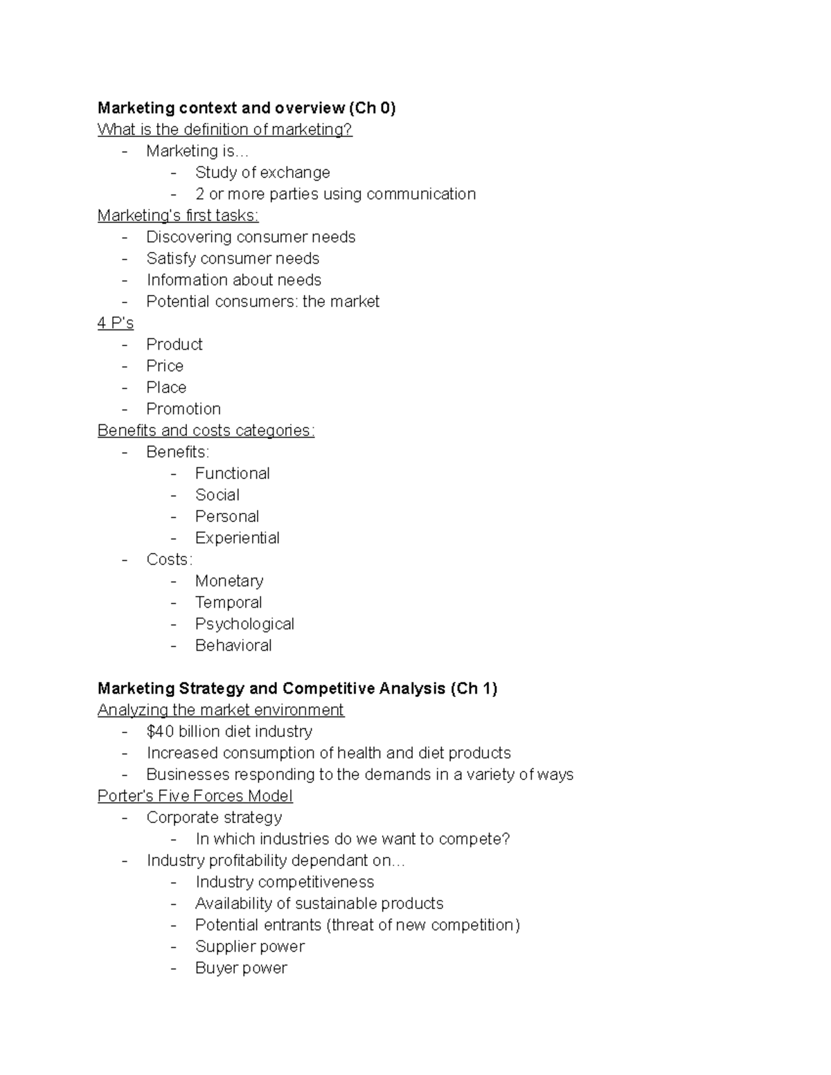 Notes chapter 1-4 - Marketing context and overview (Ch 0) What is the ...