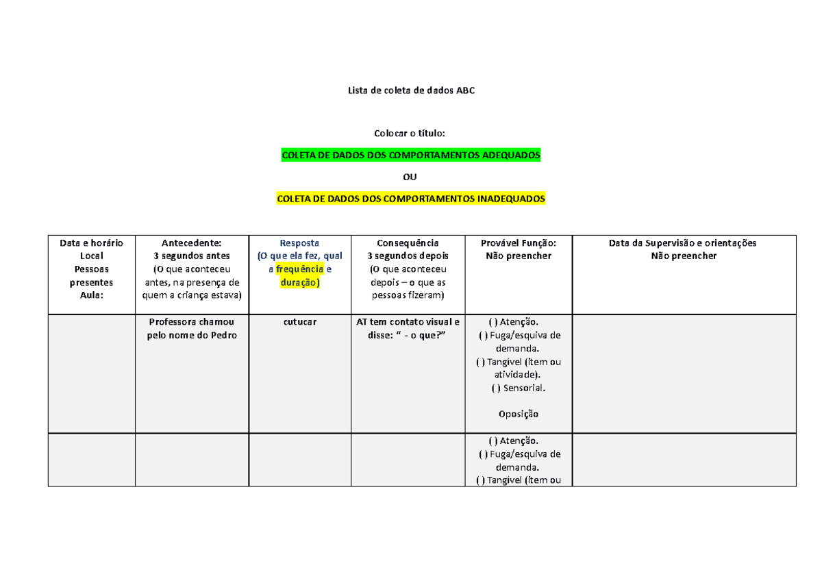 Modelo Lista ABC - abc - Lista de coleta de dados ABC Colocar o título ...