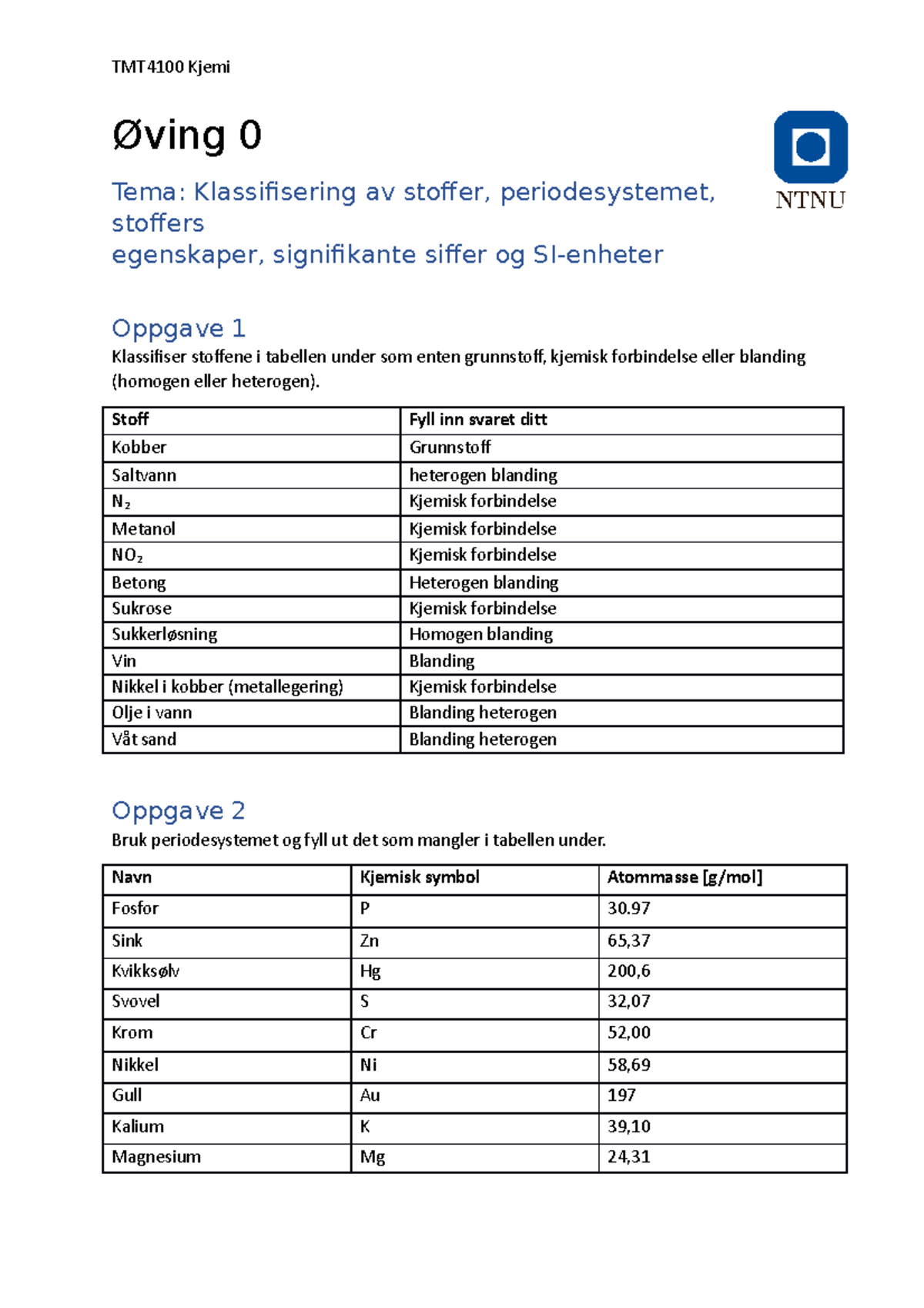 Kjemi øving 0 - hedda - Øving 0 Tema: Klassifisering av stoffer ...