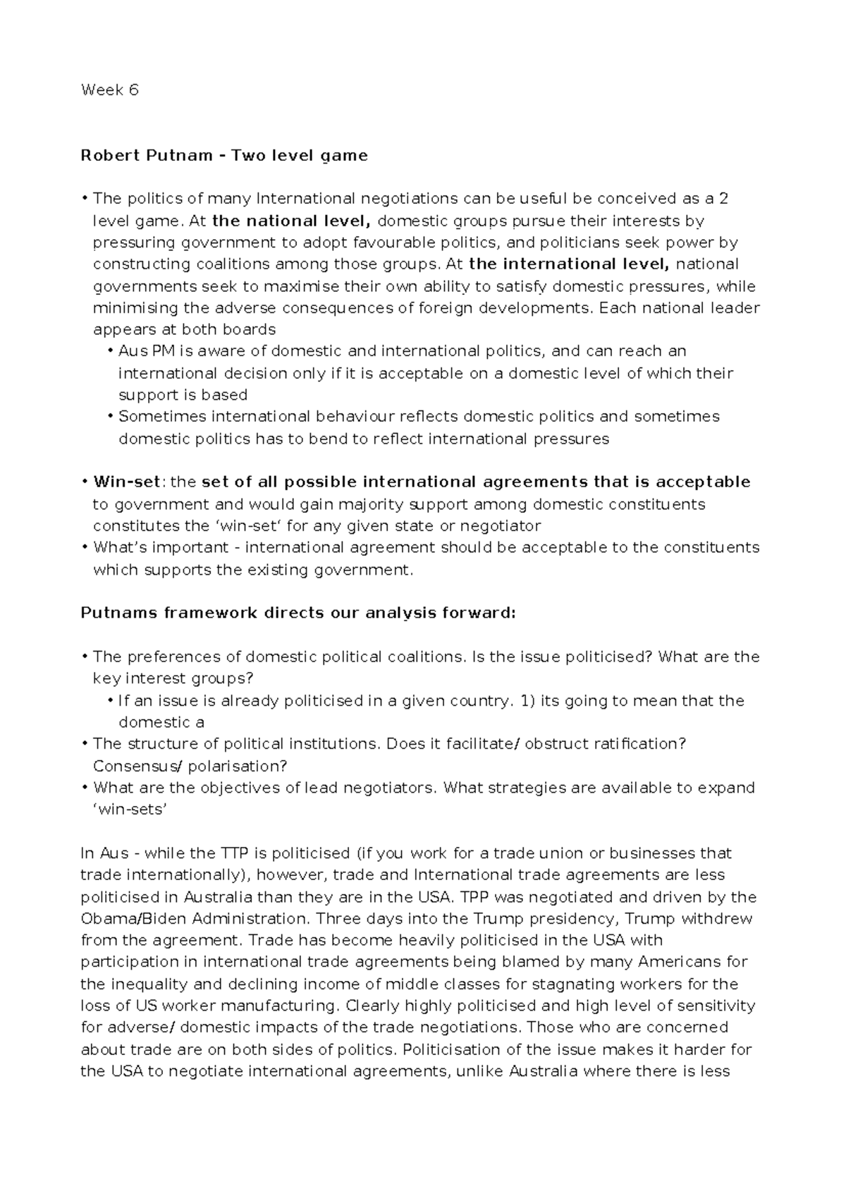 Week 6 word - Week 6 Robert Putnam - Two level game The politics of ...