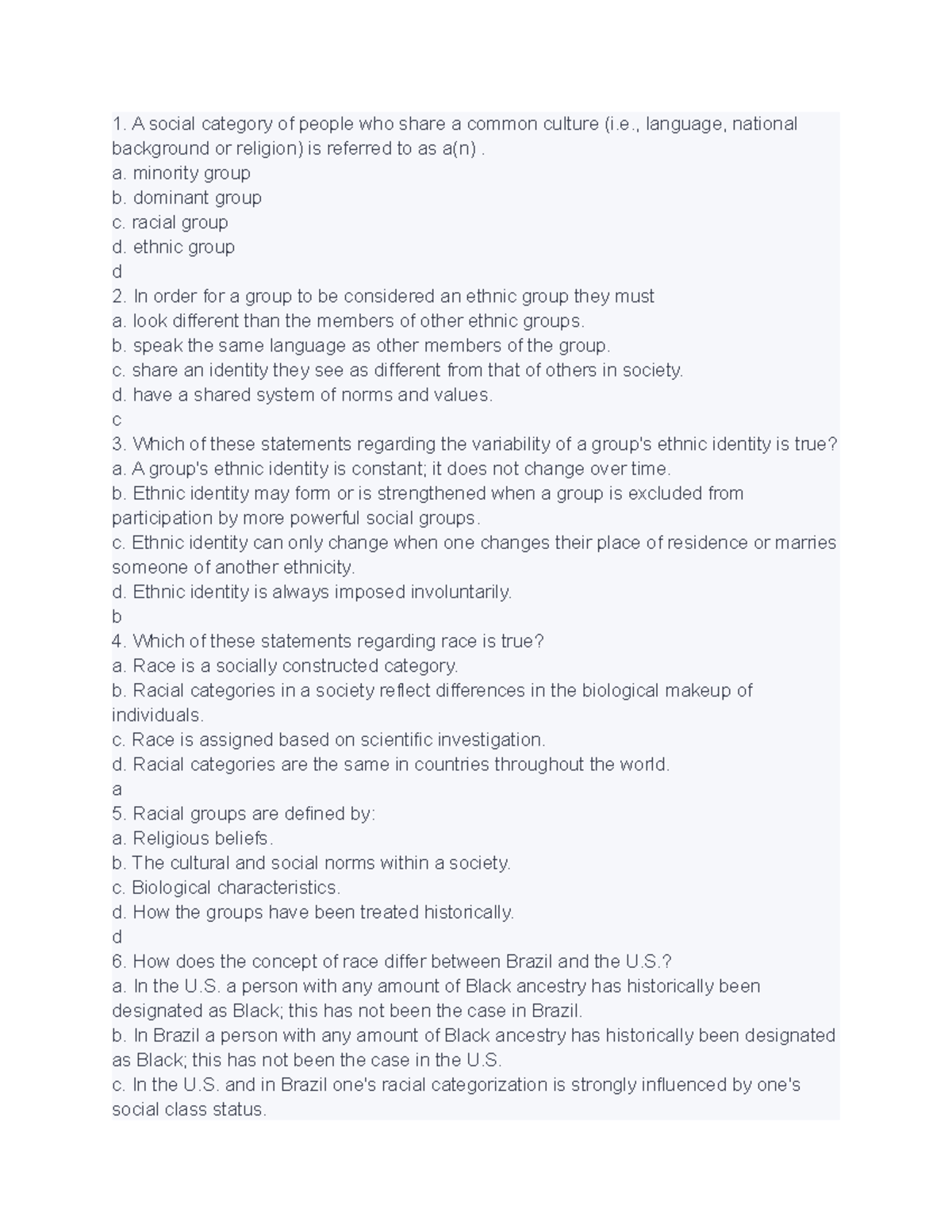 1s - practice questions - A social category of people who share a ...