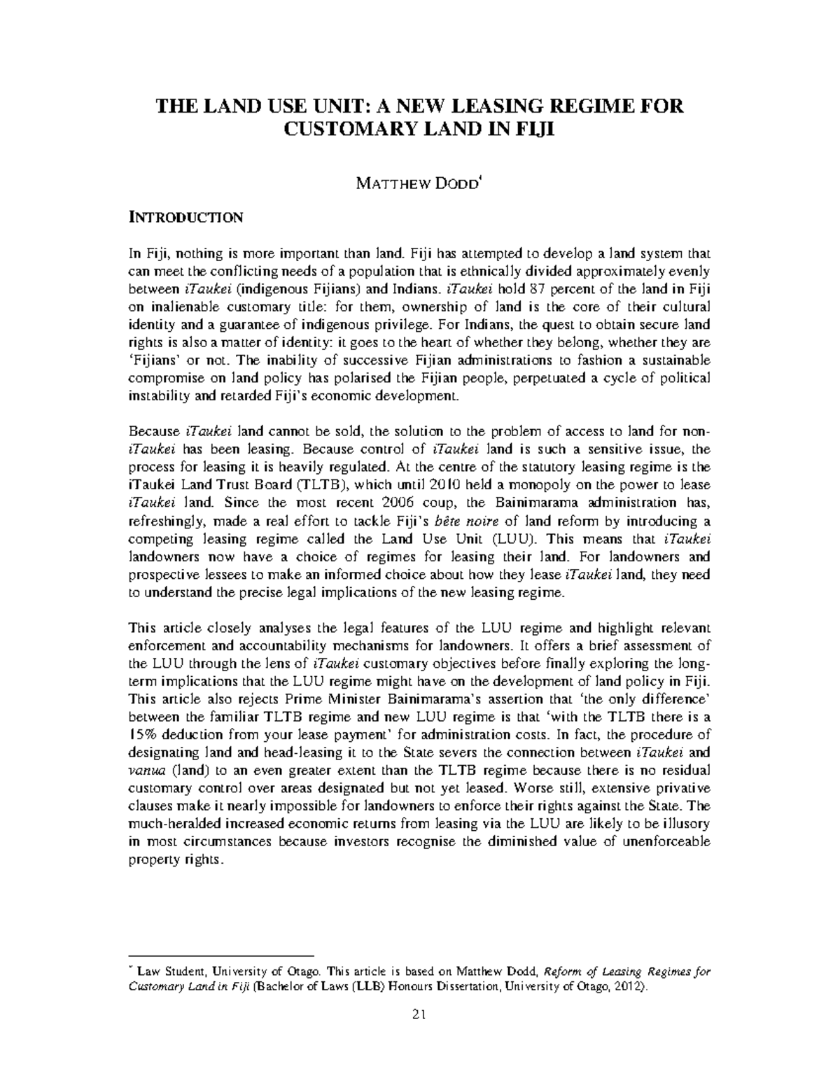 The Land Use Unit a New Leasing Regime for Customary Land in Fiji ...