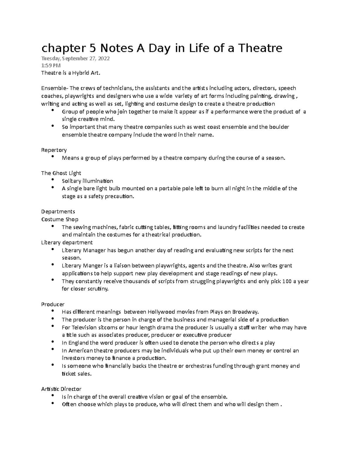 Chapter 5 Notes A day in a life in theatre - chapter 5 Notes A Day in ...