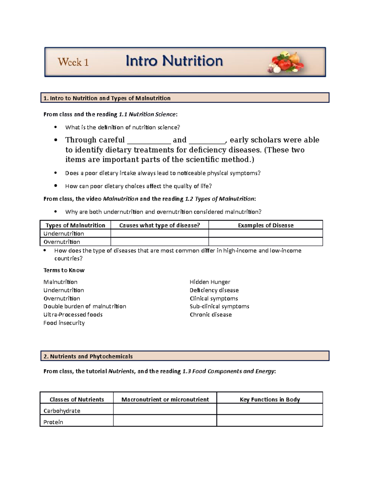 Week01 Study Guide F21 - Intro to Nutrition and Types of Malnutrition ...