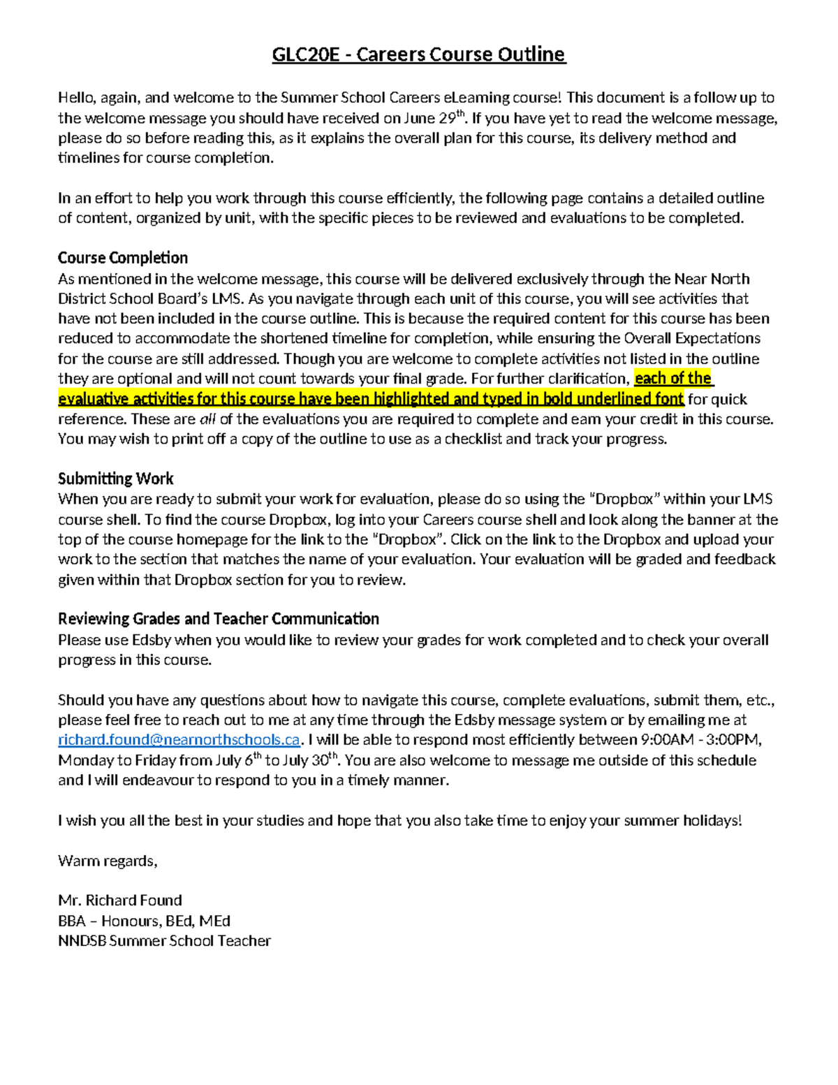 Careers Outline - From highschool - GLC20E - Careers Course Outline ...