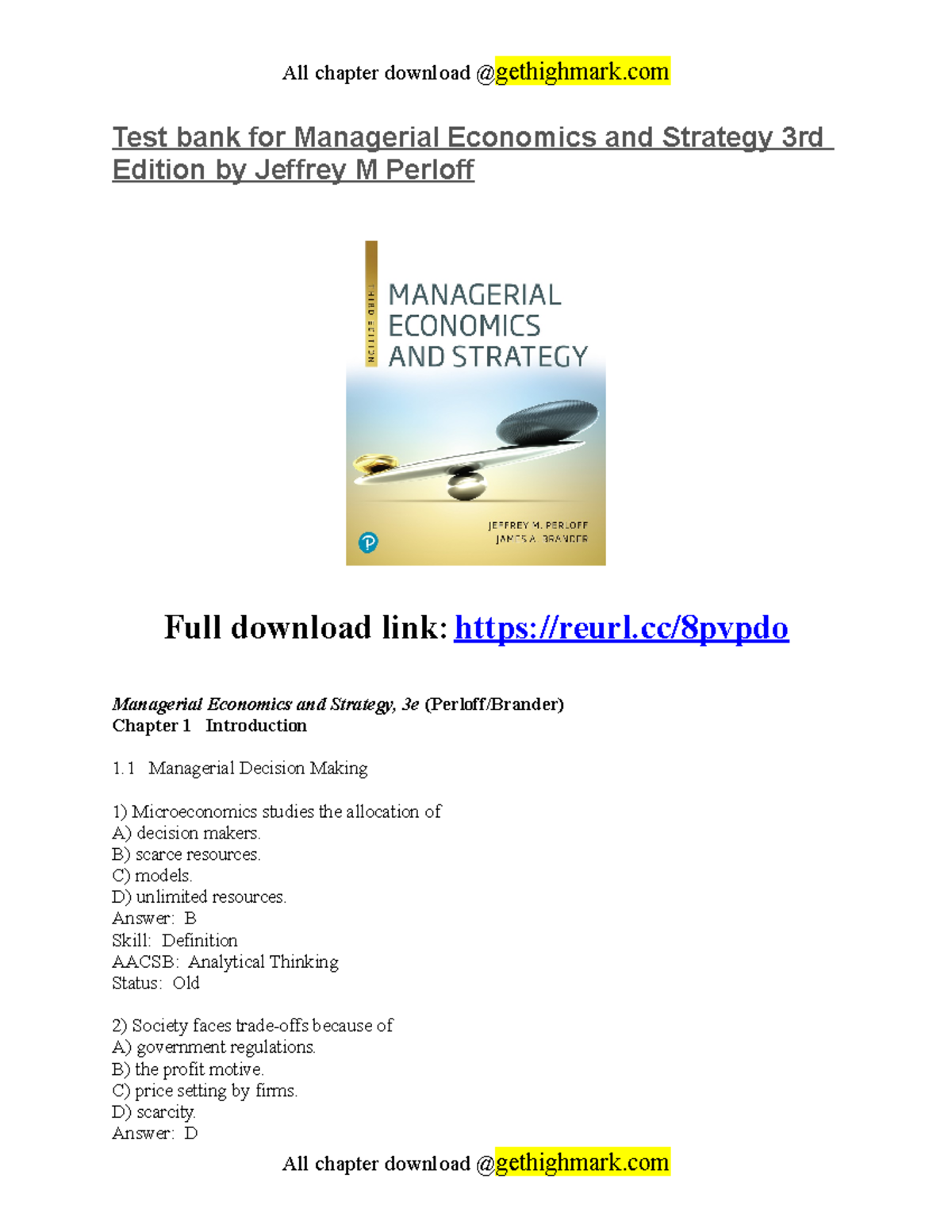 Test bank for Managerial Economics and Strategy 3rd Edition by Jeffrey ...