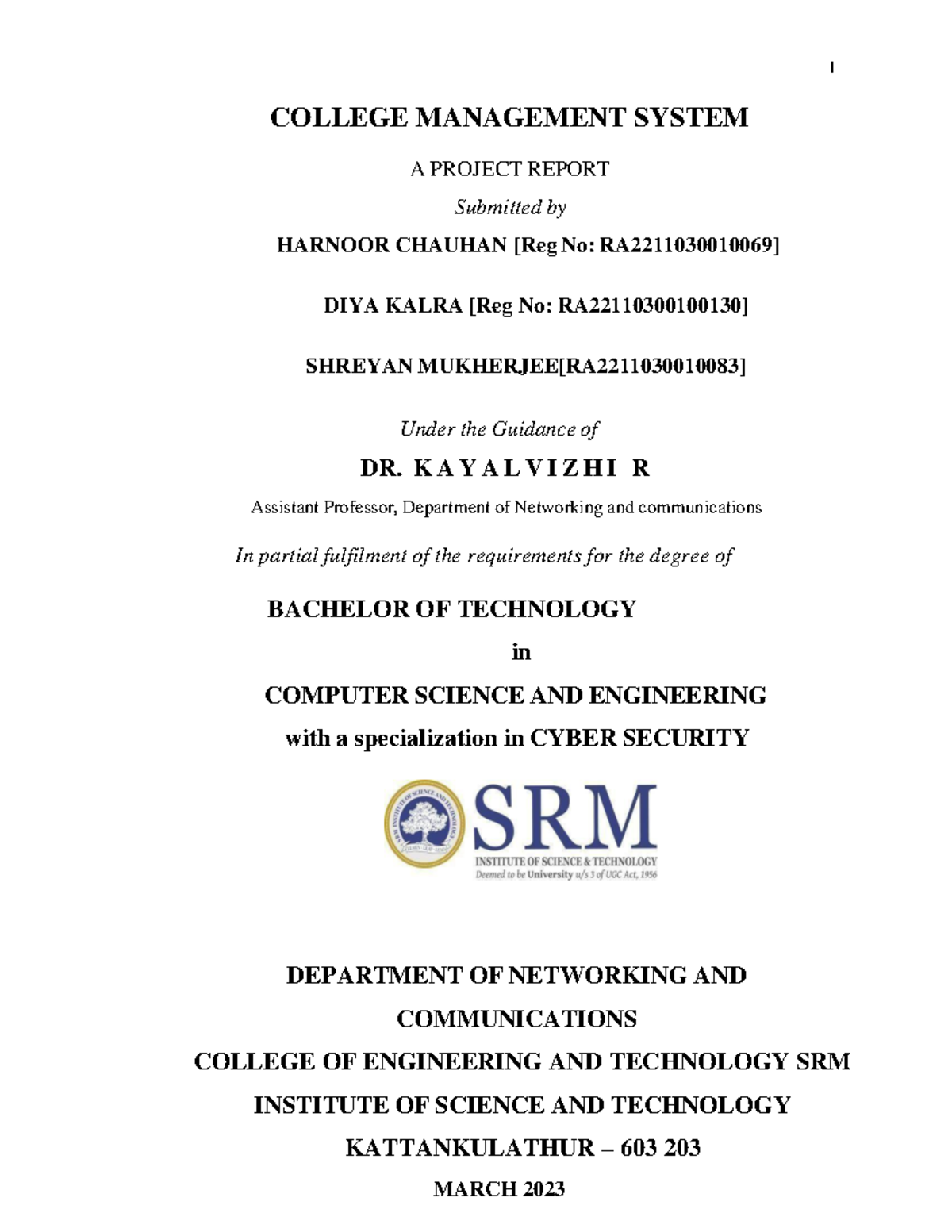 DBMS Report - COLLEGE MANAGEMENT SYSTEM A PROJECT REPORT Submitted by ...