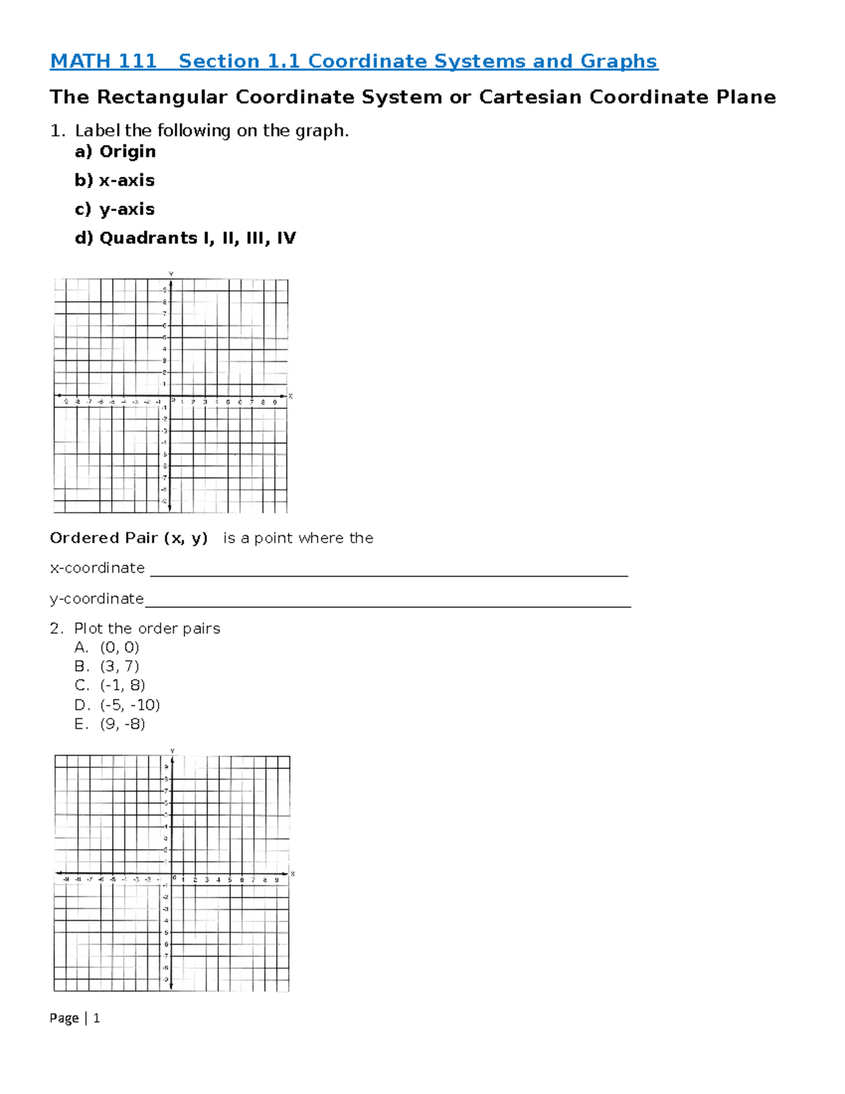 Linear math coordinate systems notes - MATH 111 Section 1 Coordinate ...