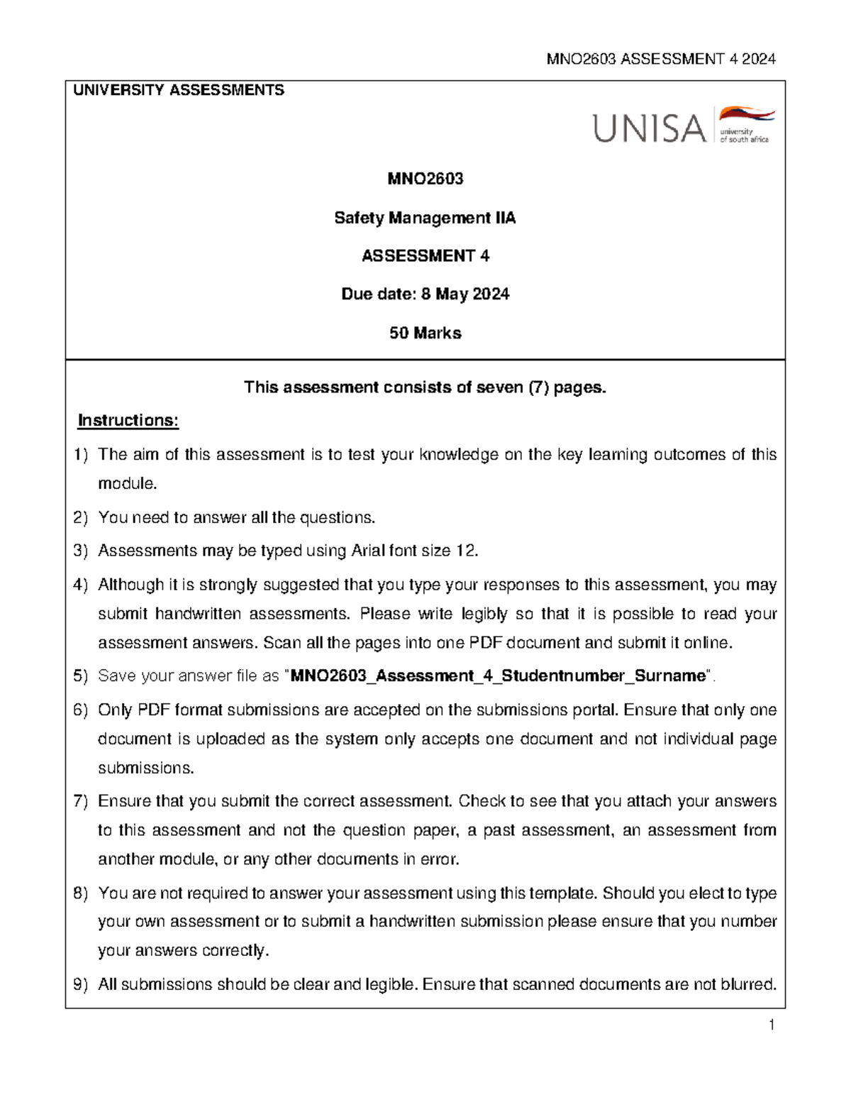 MNO2603 Assessment 4 - Summary Safety Management IIA - UNIVERSITY ...